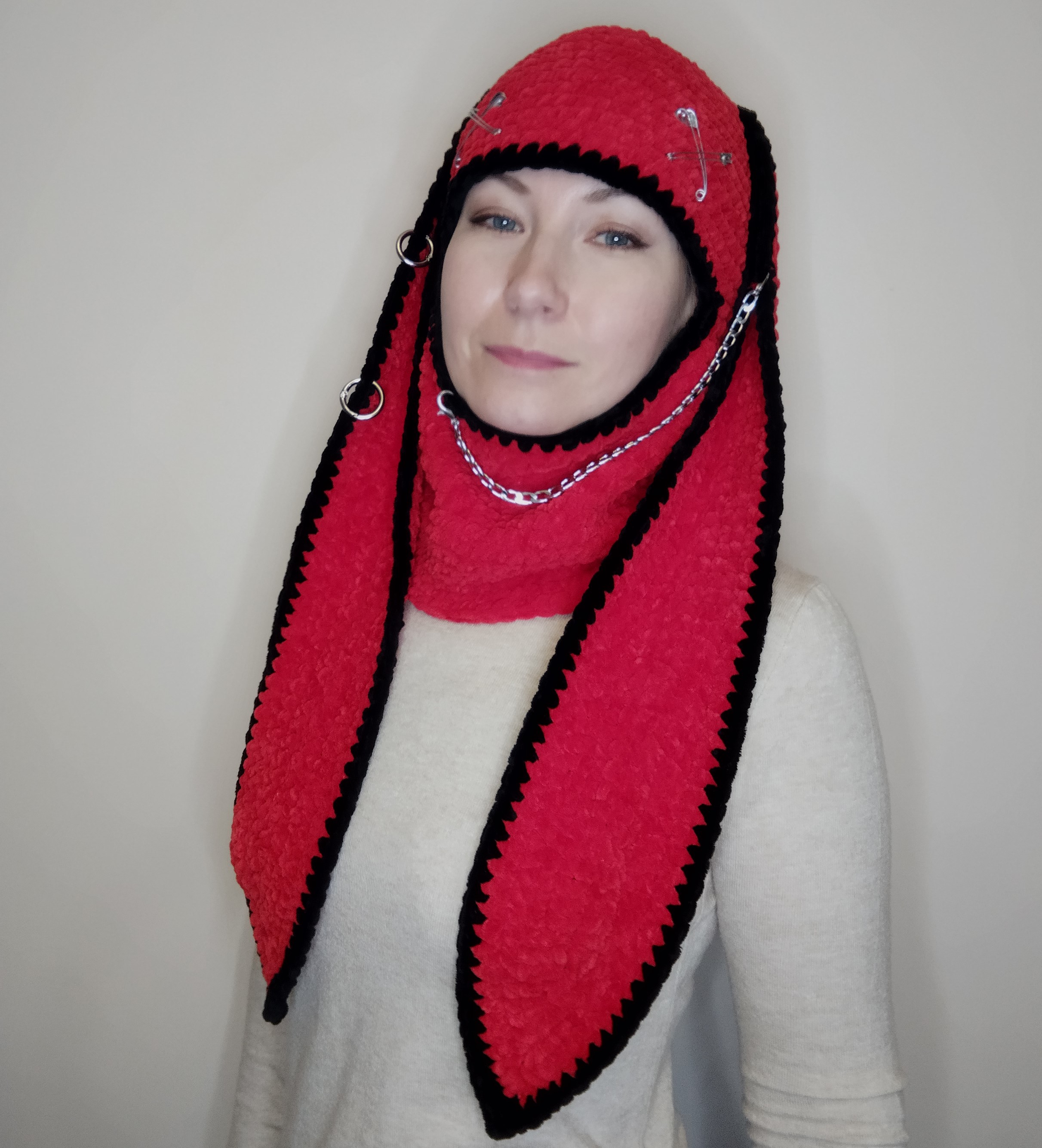 Goth bunny balaclava with ears 24". Red black goth bunny hat - Inspire ...