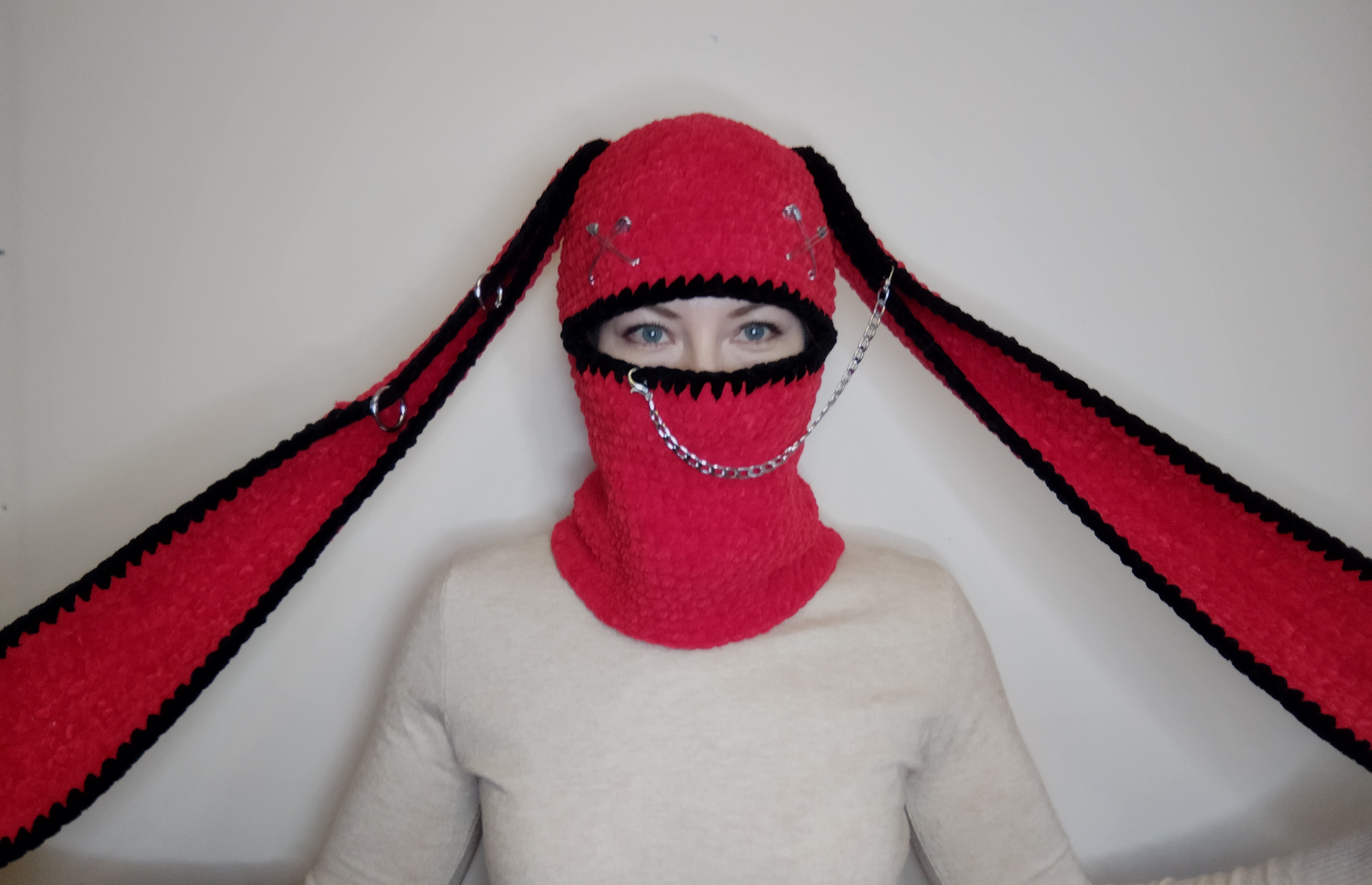 Goth bunny balaclava with ears 24" Red black bunny hat goth - Inspire ...