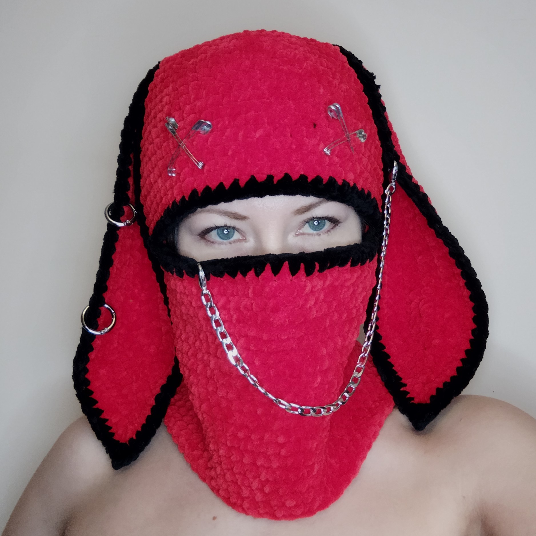 Red bunny balaclava with chain. Sexy bunny kigurumi mask. - Inspire Uplift