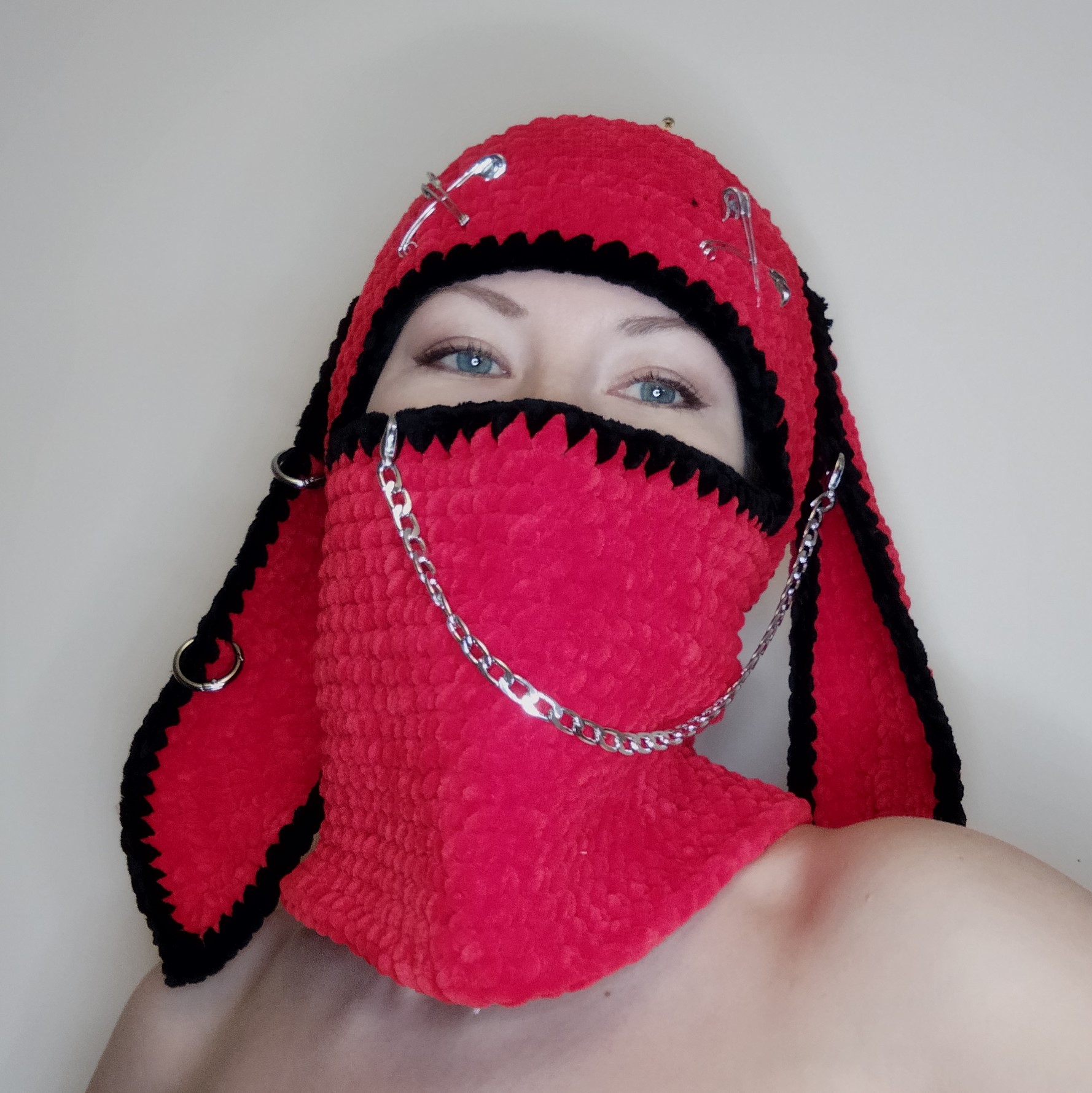 Red bunny balaclava with chain. Sexy bunny kigurumi mask. - Inspire Uplift