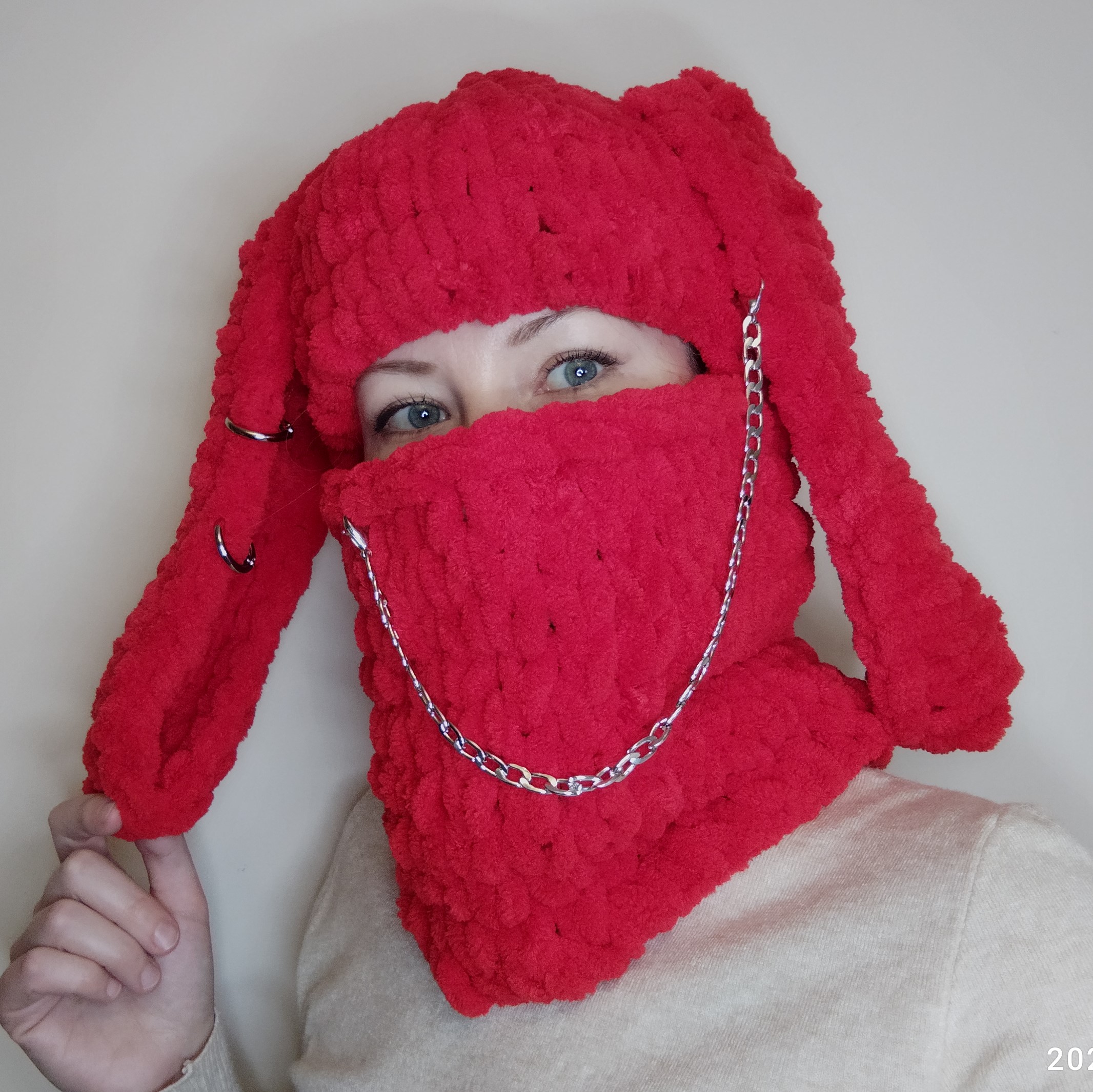 Red bunny balaclava crochet. Fluffy balaclava with chain. - Inspire Uplift