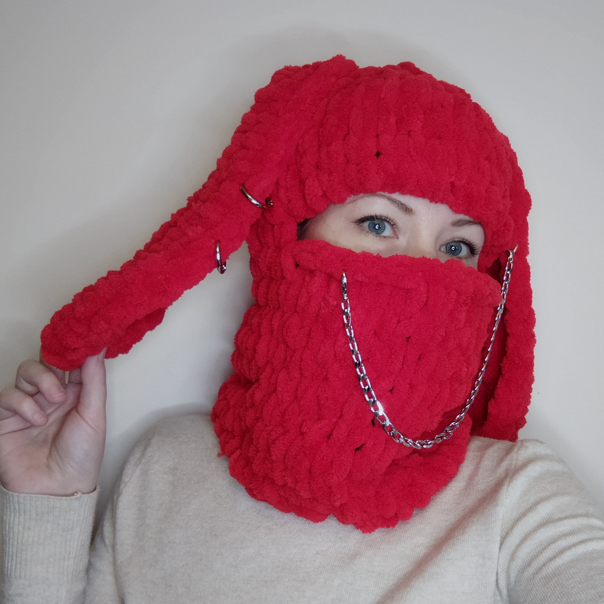 Red bunny balaclava crochet. Fluffy balaclava with chain. - Inspire Uplift