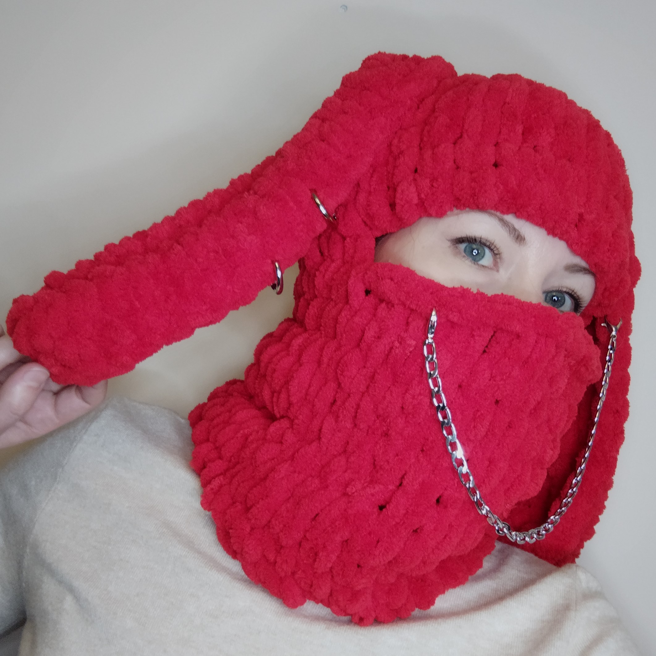 Red bunny balaclava crochet. Fluffy balaclava with chain. - Inspire Uplift
