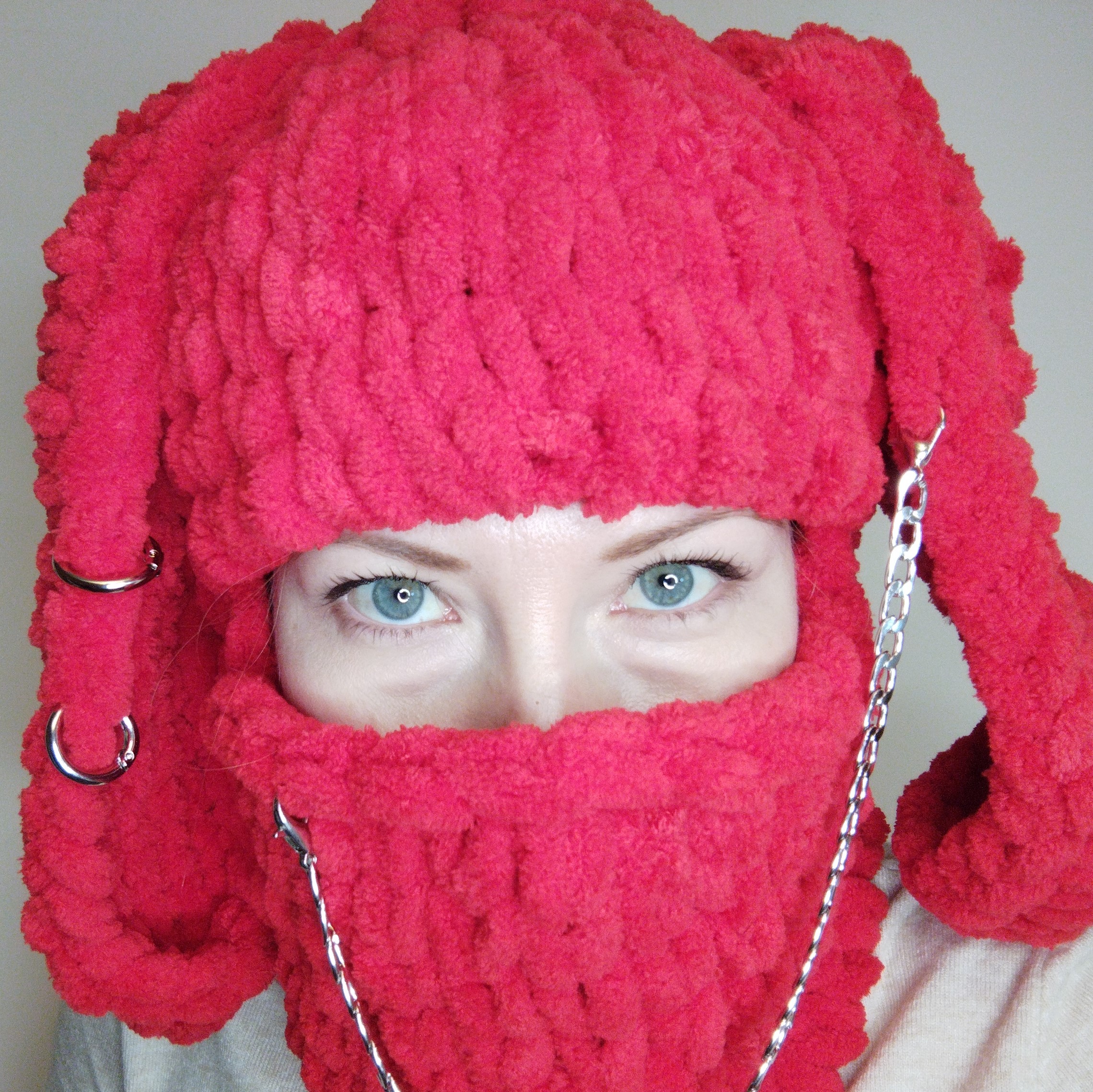 Red bunny balaclava crochet. Fluffy balaclava with chain. - Inspire Uplift