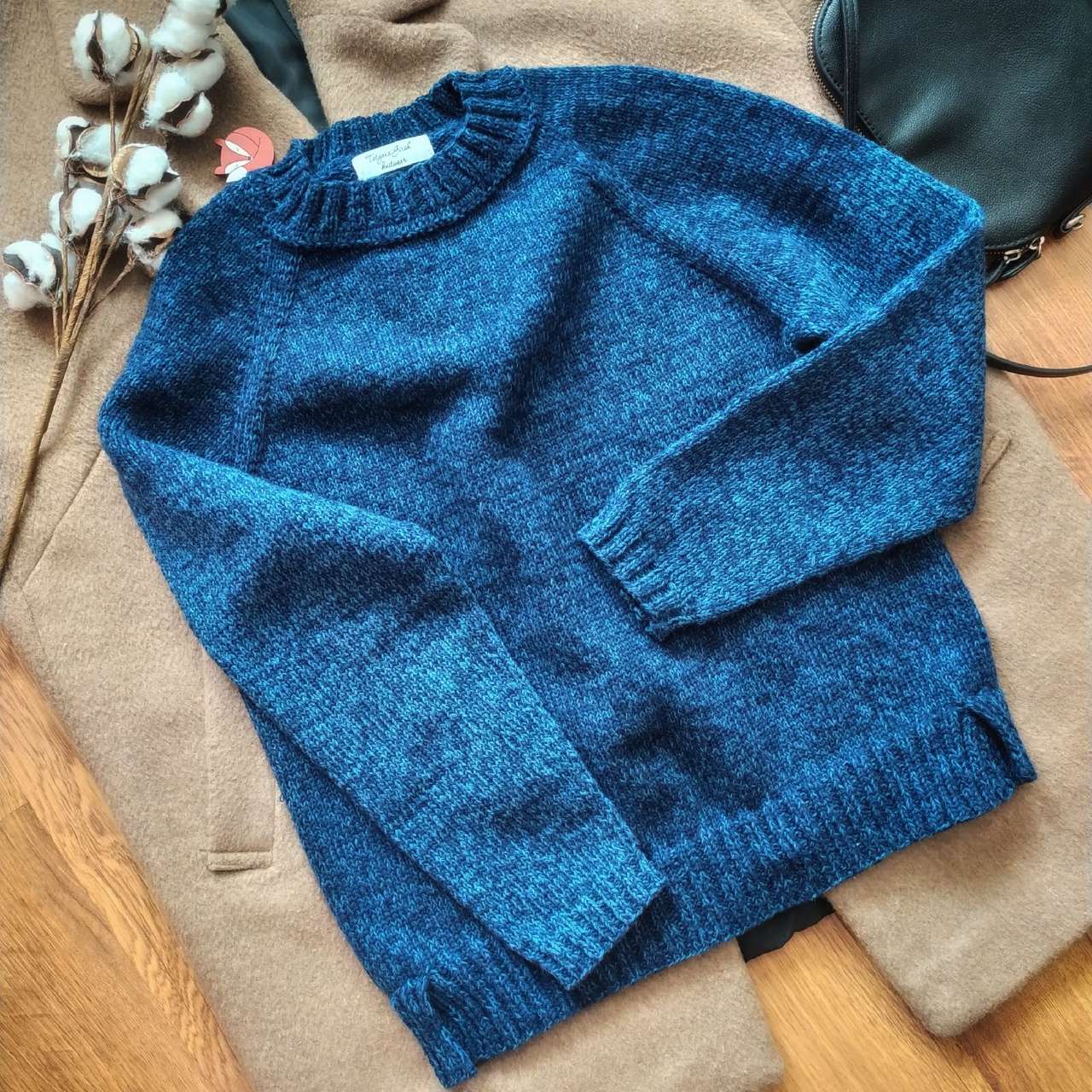 Hand knit blue cotton wool women warm sweater - Inspire Uplift