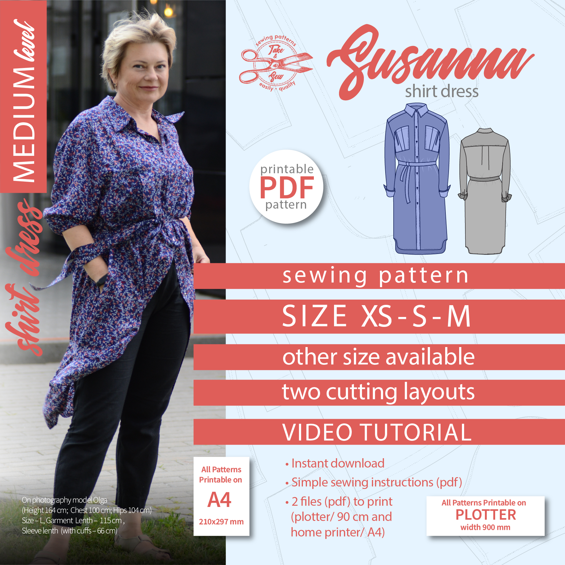 Dress Shirt Pattern Susanna. Size XS S M. PDF Digital sewing - Inspire ...
