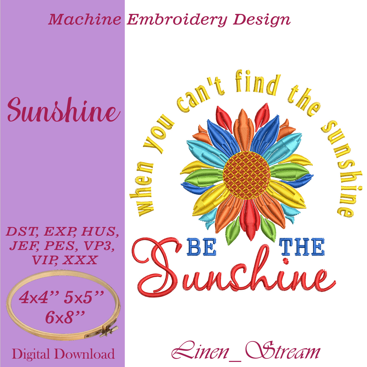 Sunshine Machine embroidery design in 8 formats and 3 sizes | Inspire ...