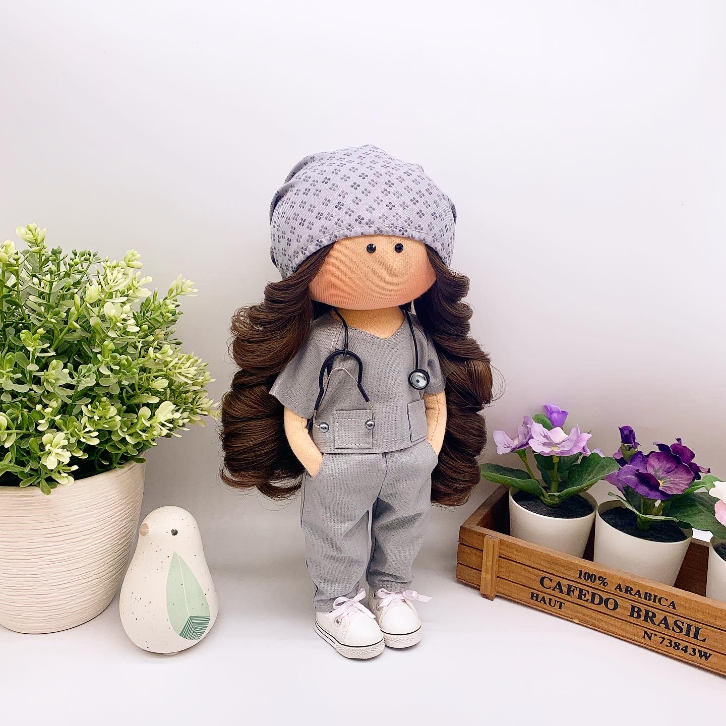 Cute rag doll Tilda Doctor with one handmade stethoscope - Inspire Uplift