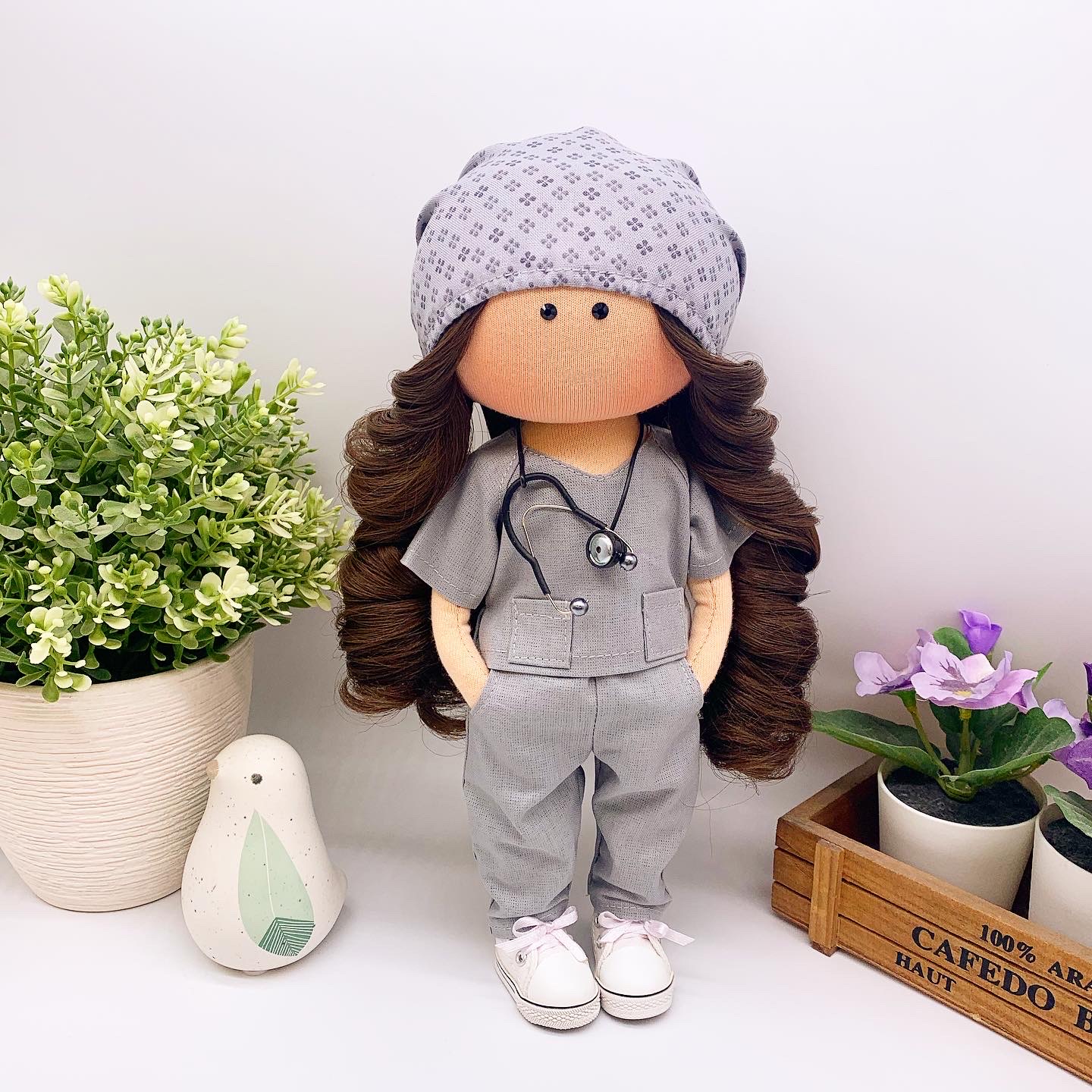 Cute rag doll Tilda Doctor with one handmade stethoscope - Inspire Uplift