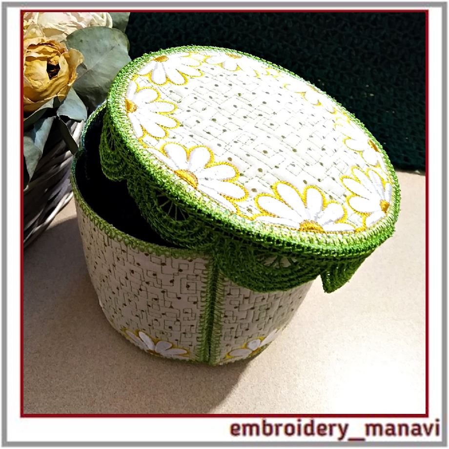 In the hoop Embroidery design Storage box with camomiles. - Inspire Uplift