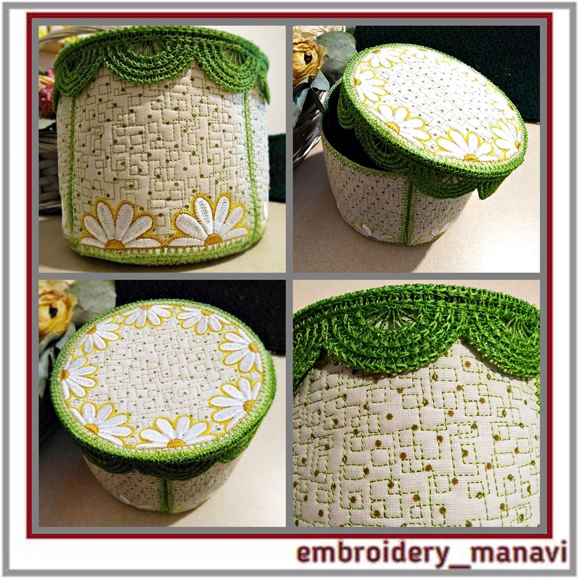 In the hoop Embroidery design Storage box with camomiles. - Inspire Uplift