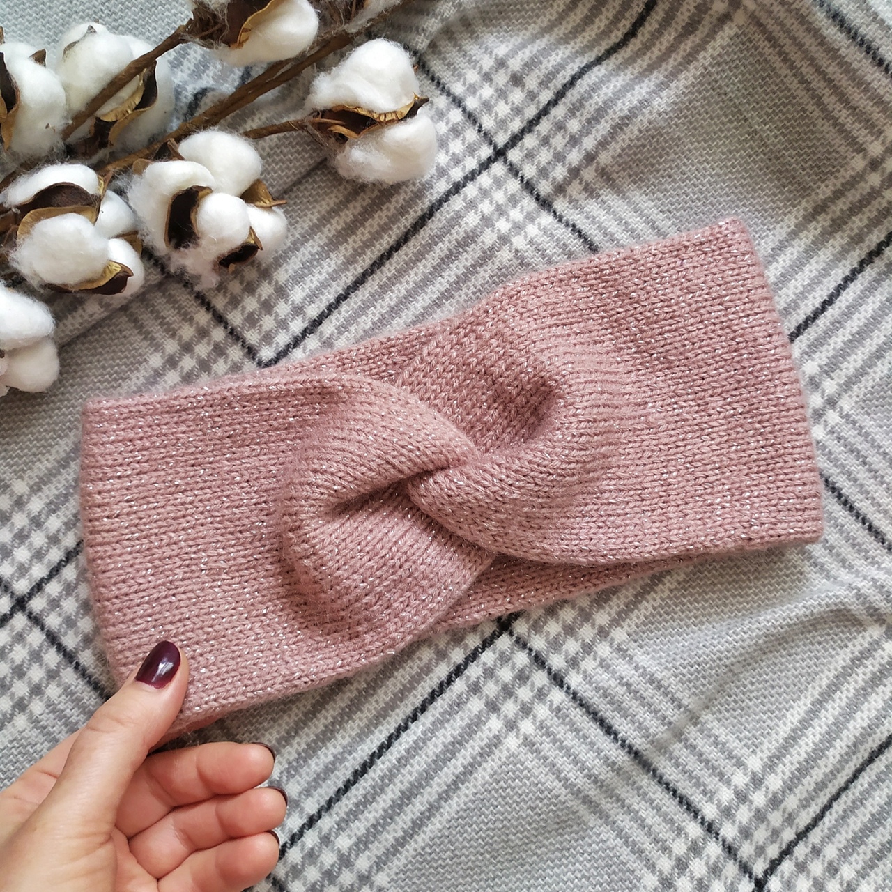 Women pink color moheir with lurex handknit earwarmer - Inspire Uplift