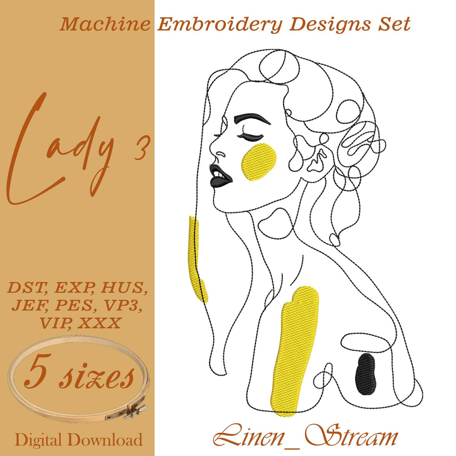 Lady 3 Machine embroidery design in 8 formats and 5 sizes | Inspire Uplift