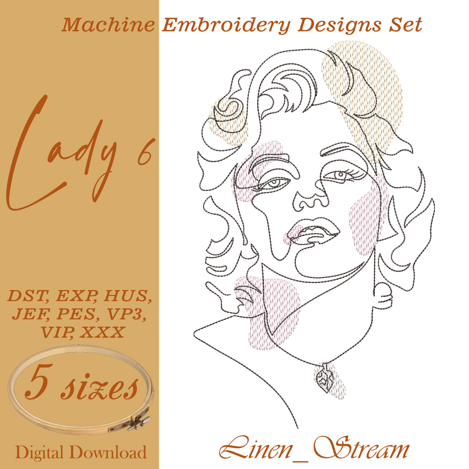Lady 6 Machine embroidery design in 8 formats and 5 sizes - Inspire Uplift