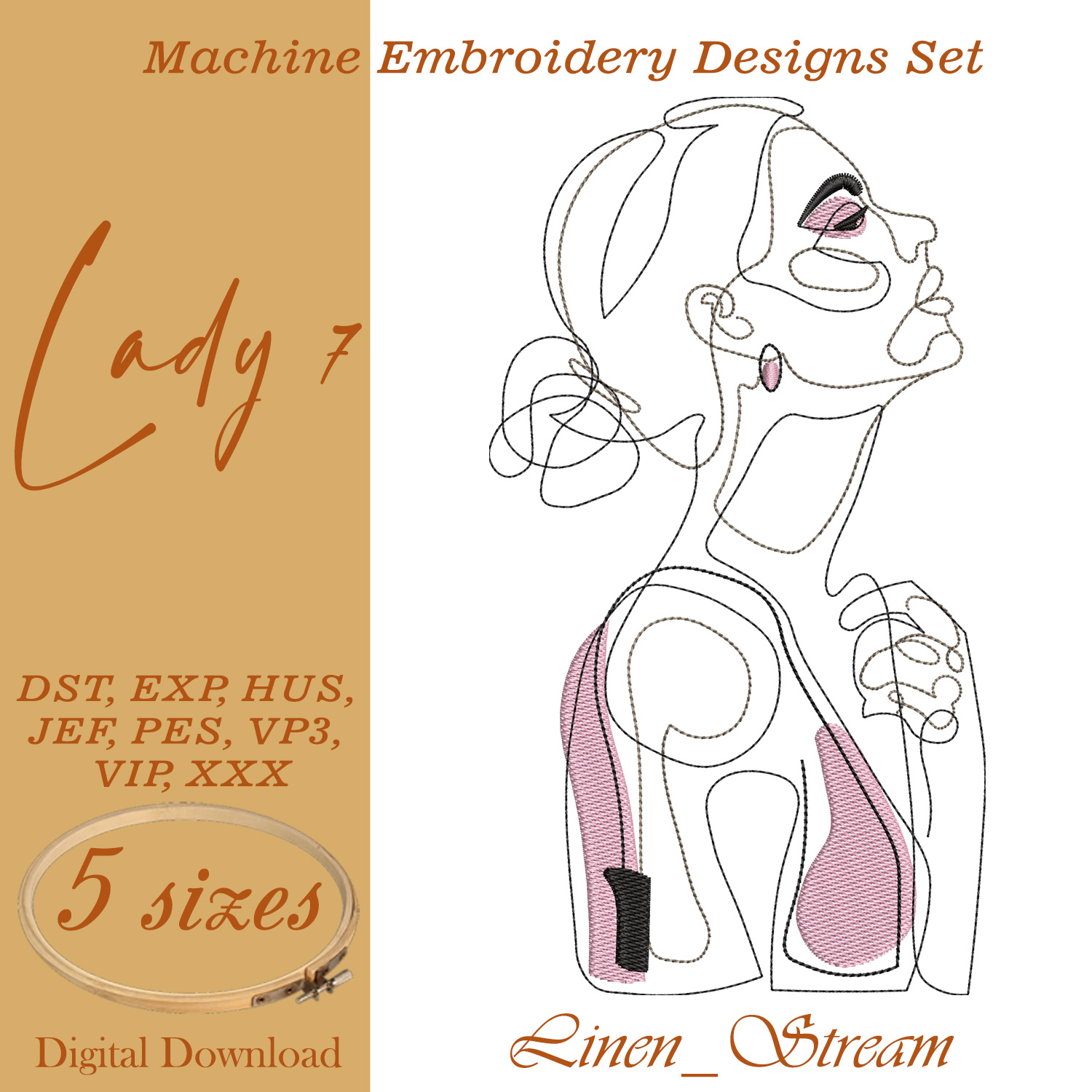 Lady 7 Machine embroidery design in 8 formats and 5 sizes | Inspire Uplift