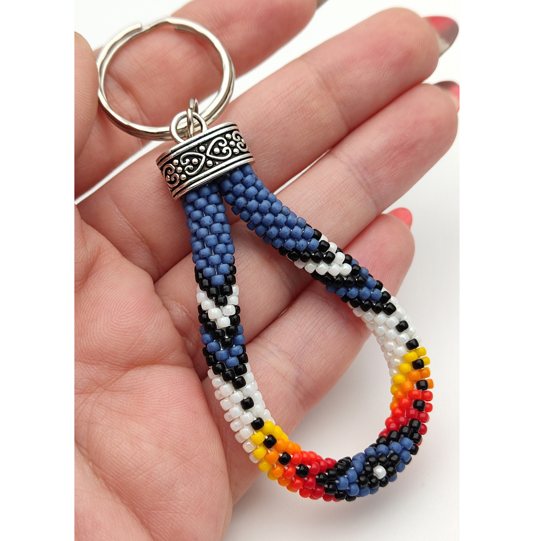 Native Style Blue Beaded Keychain, Beadwork Key Fob - Inspire Uplift