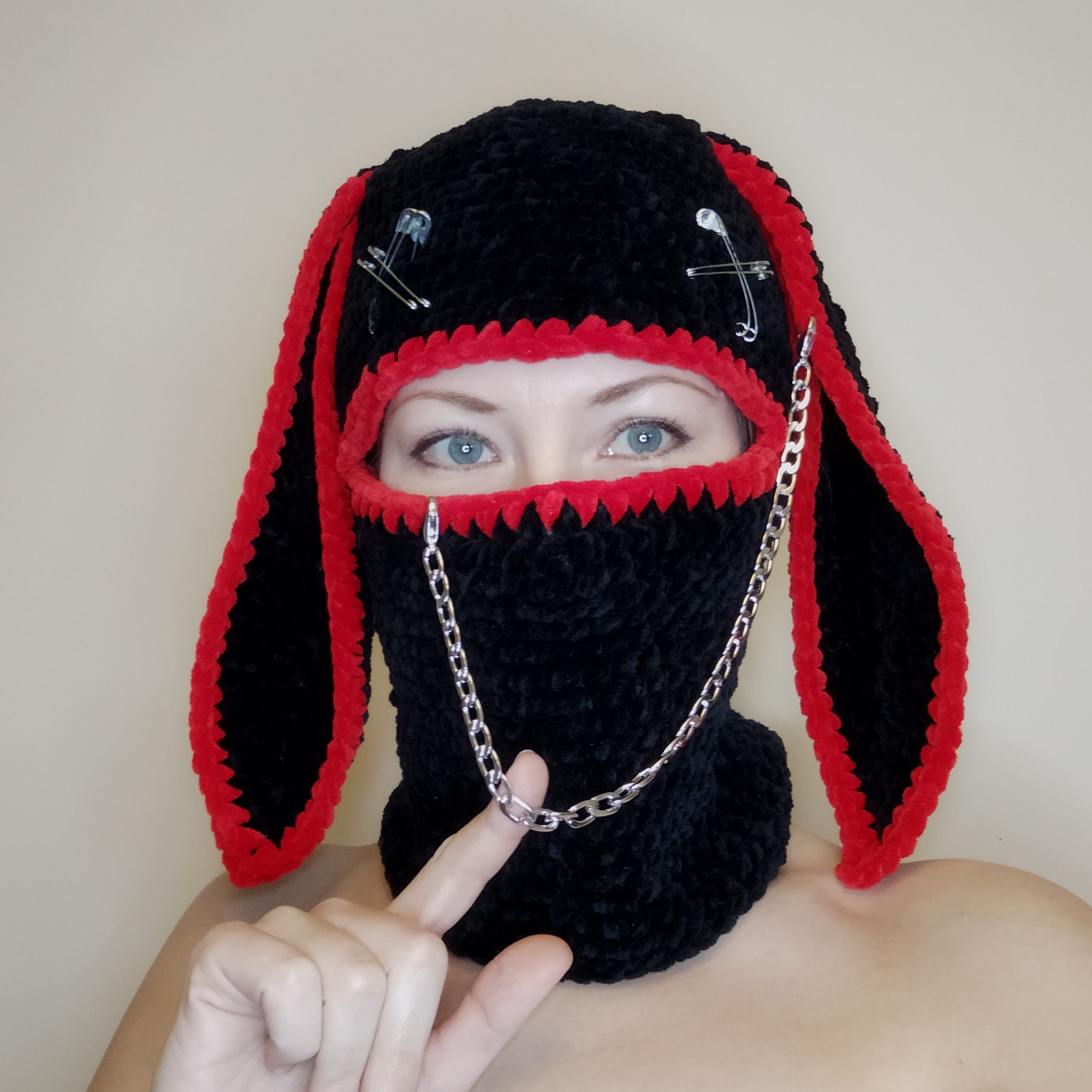 Zombie bunny balaclava. Hand knit goth balaclava with ears - Inspire Uplift