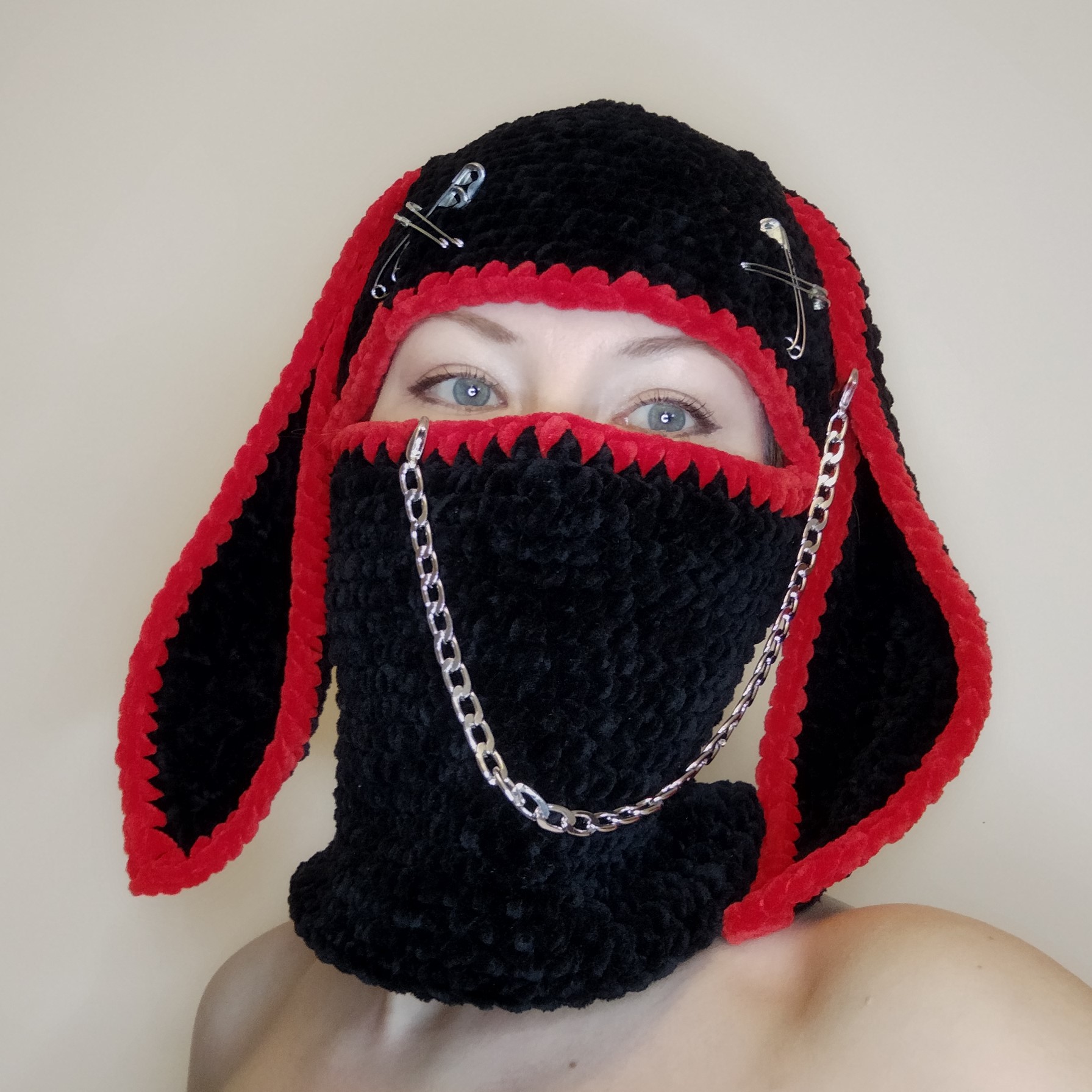 Zombie bunny balaclava. Hand knit goth balaclava with ears - Inspire Uplift