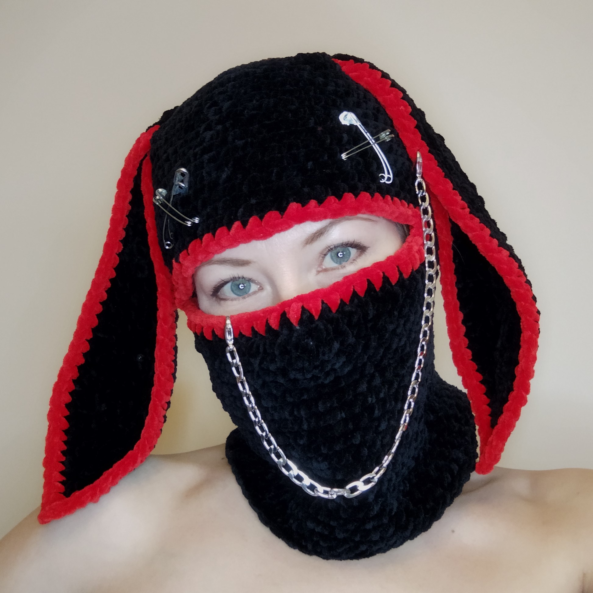 Zombie bunny balaclava. Hand knit goth balaclava with ears - Inspire Uplift