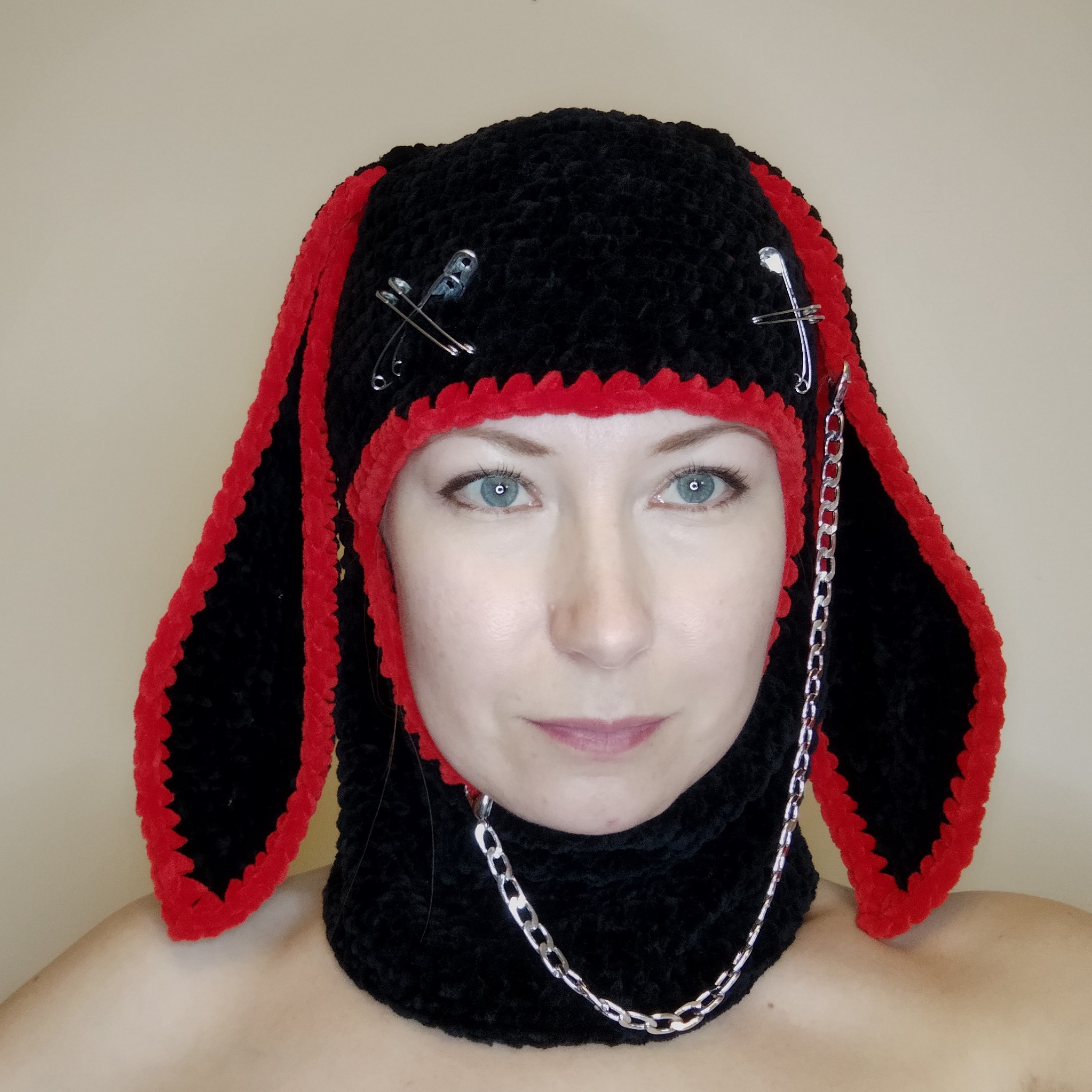 Zombie bunny balaclava. Hand knit goth balaclava with ears - Inspire Uplift