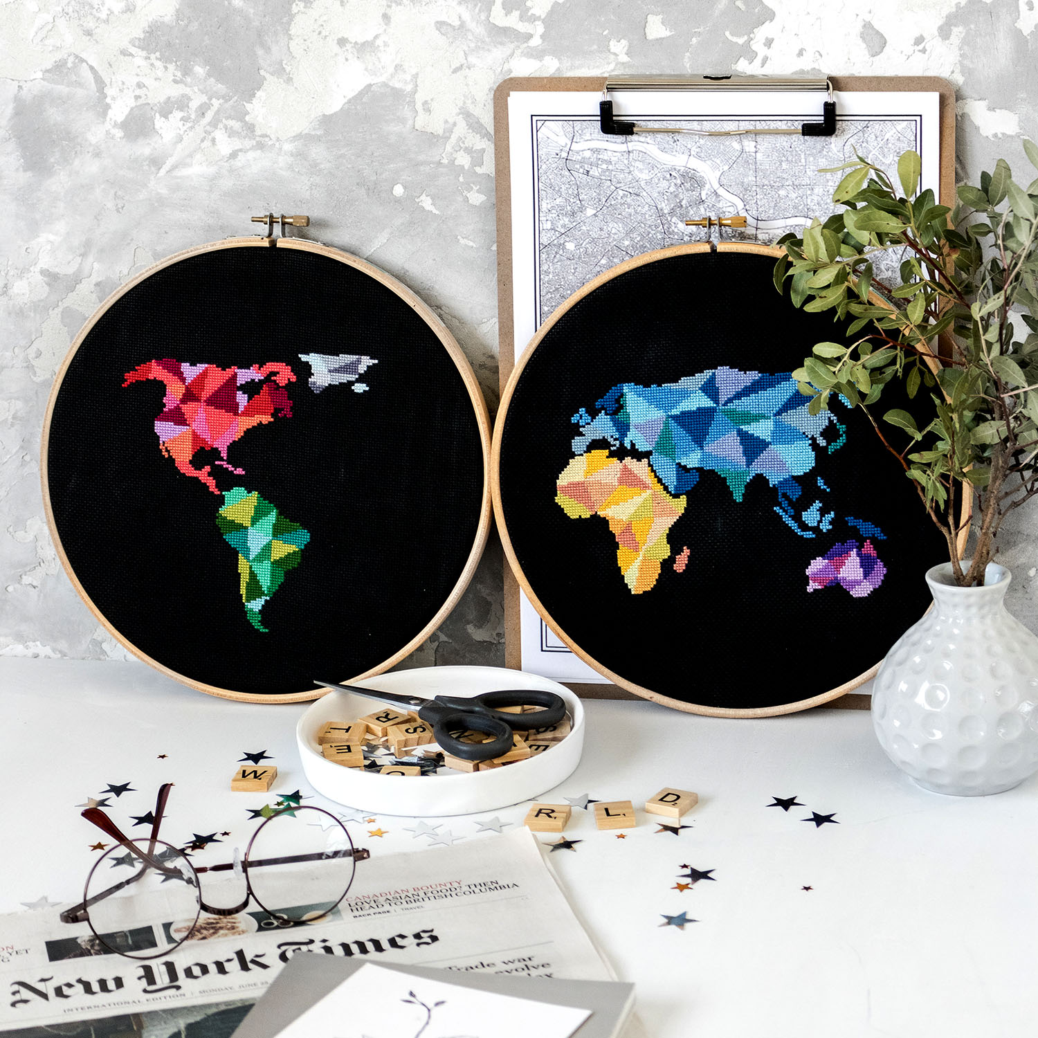 Geometric World Map Cross Stitch Pattern - Inspire Uplift