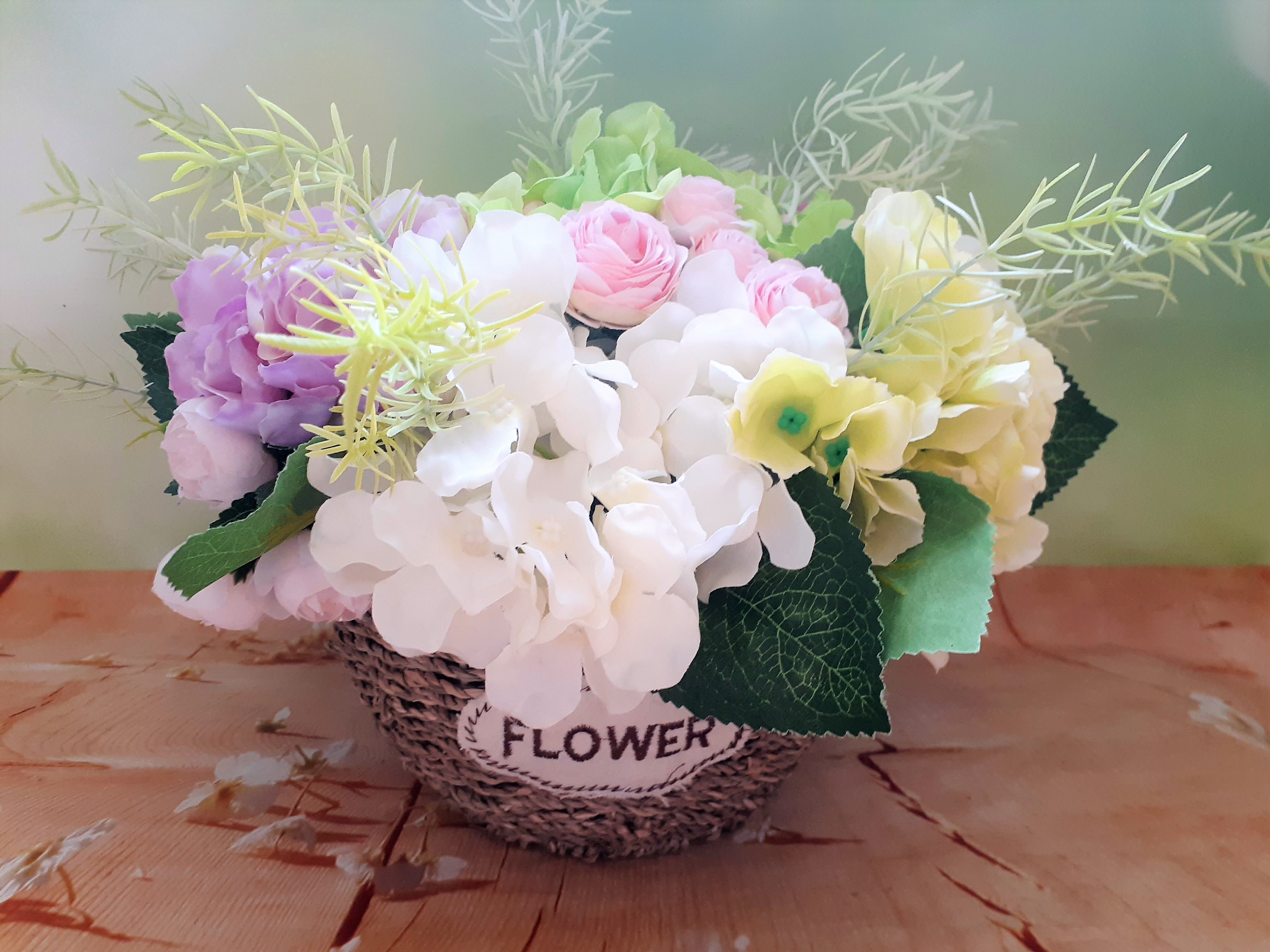 Hydrangea floral arrangement in basket, Summer Floral Center - Inspire ...