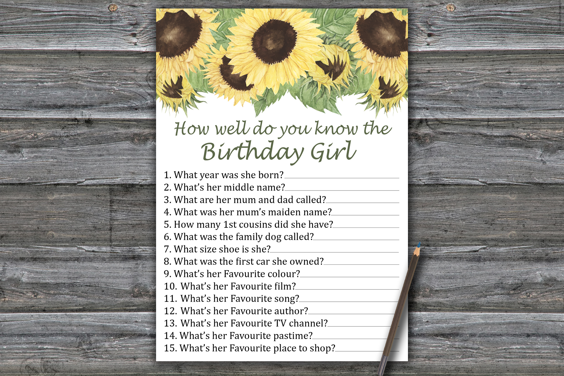 Sunflower How well do you know the birthday girl,Adult Birth | Inspire ...