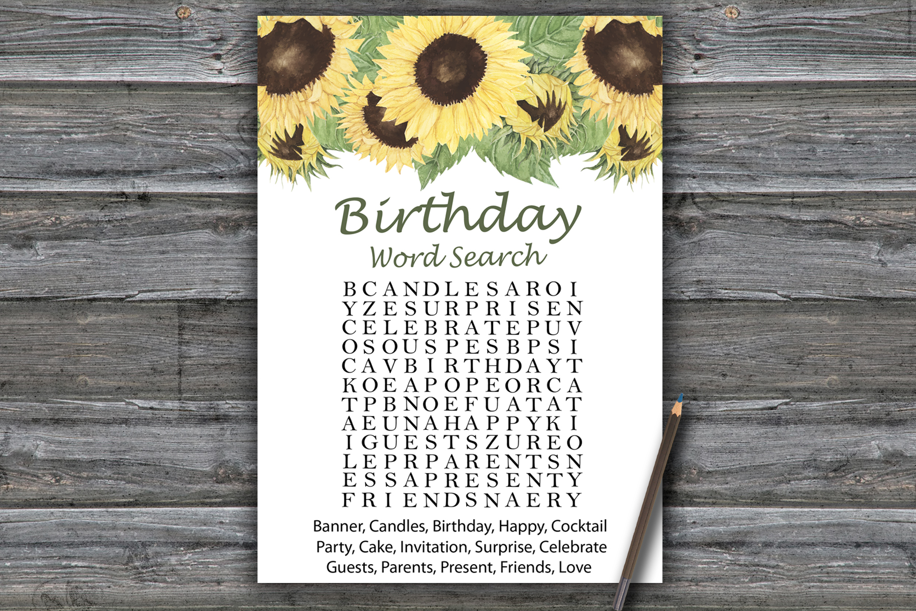 Sunflower Birthday Word Search Game,Adult Birthday party gam - Inspire ...