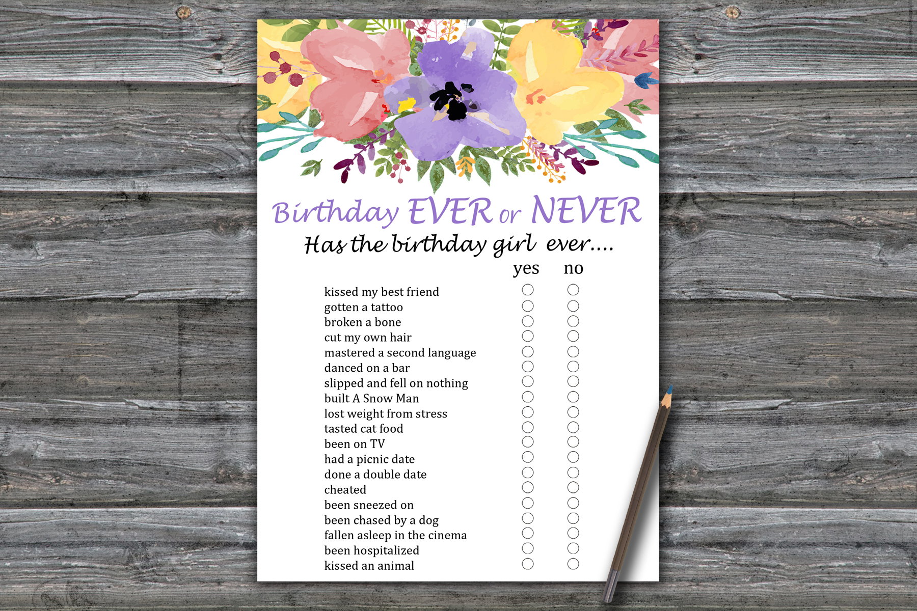 Watercolor flowers Birthday ever or never game,Adult Birthda - Inspire ...