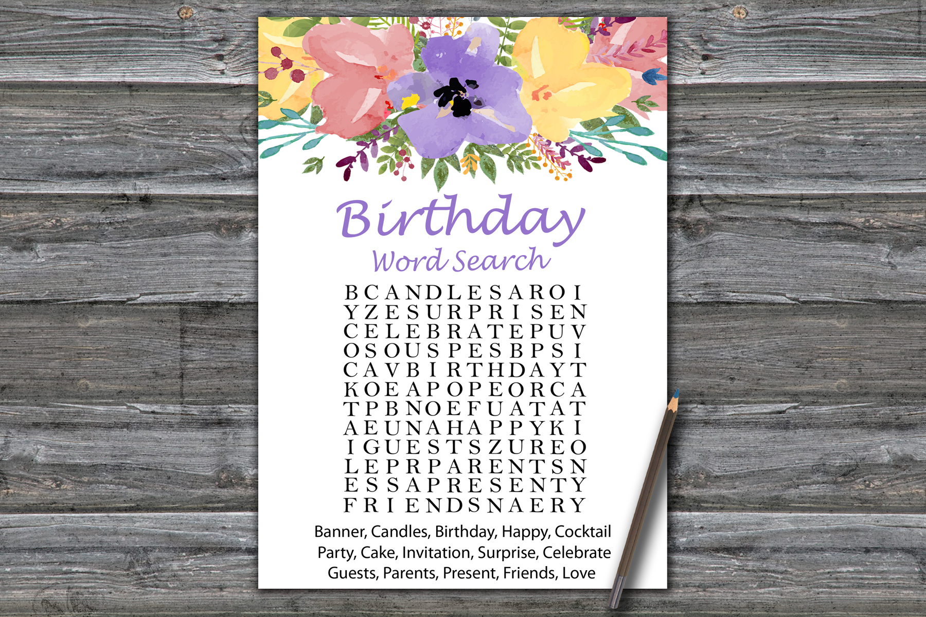 Watercolor flowers Birthday Word Search Game,Adult Birthday - Inspire ...