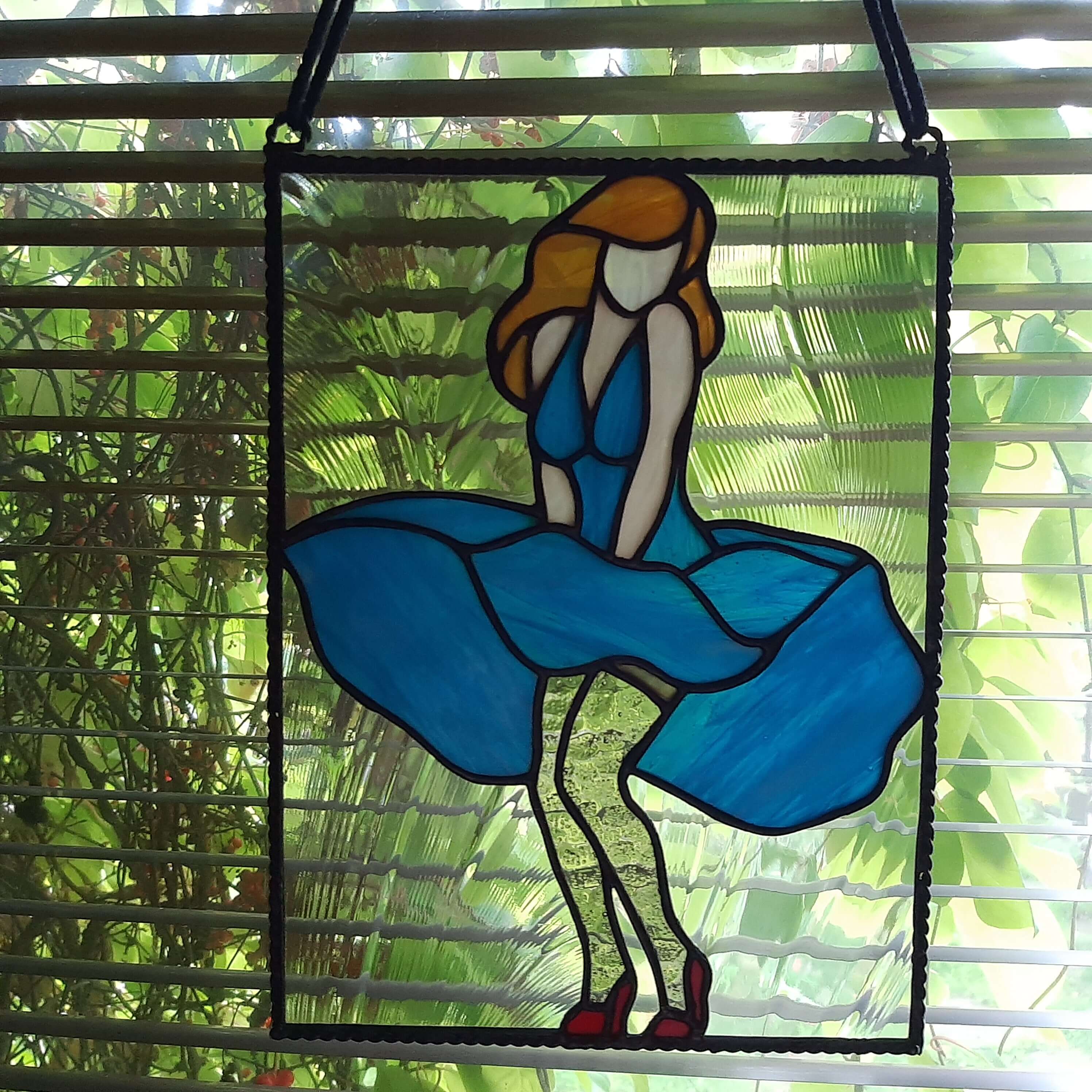 Lady in blue. Stained glass panel. Window decor. Hanging sun - Inspire ...