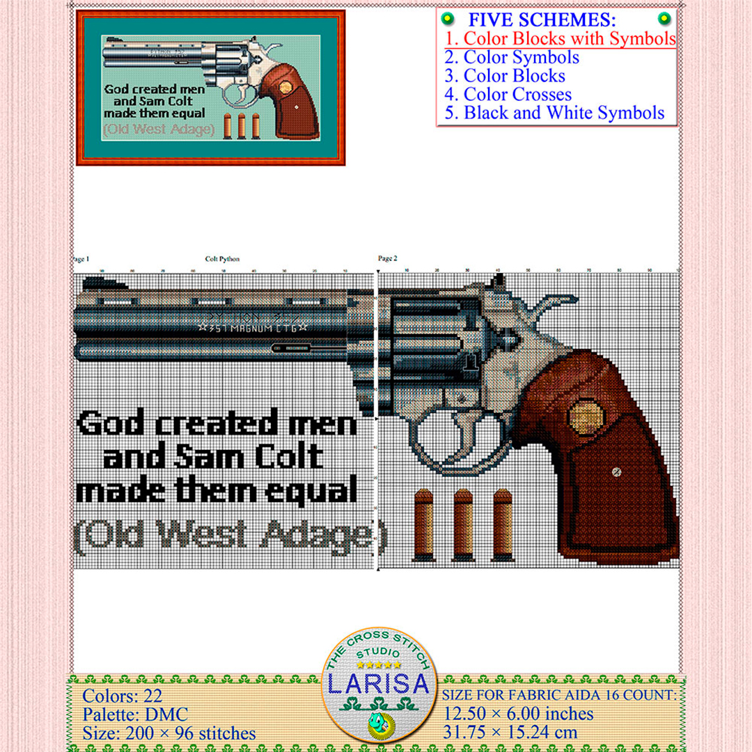 Revolver Cross Stitch Pattern | Colt Python - Inspire Uplift