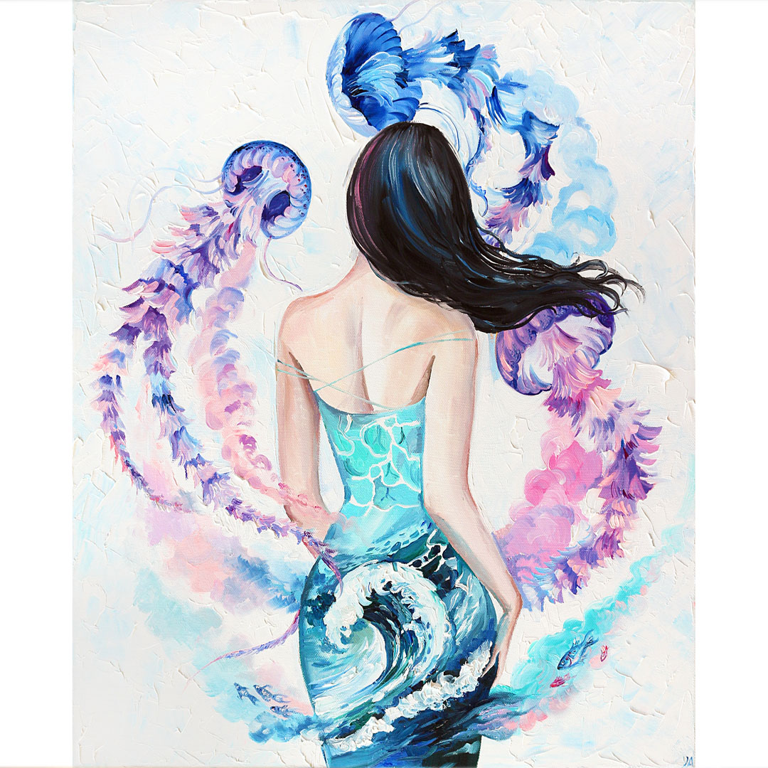 Woman Oil Painting Sea Original Art Jellyfish Artwork on Wav - Inspire ...