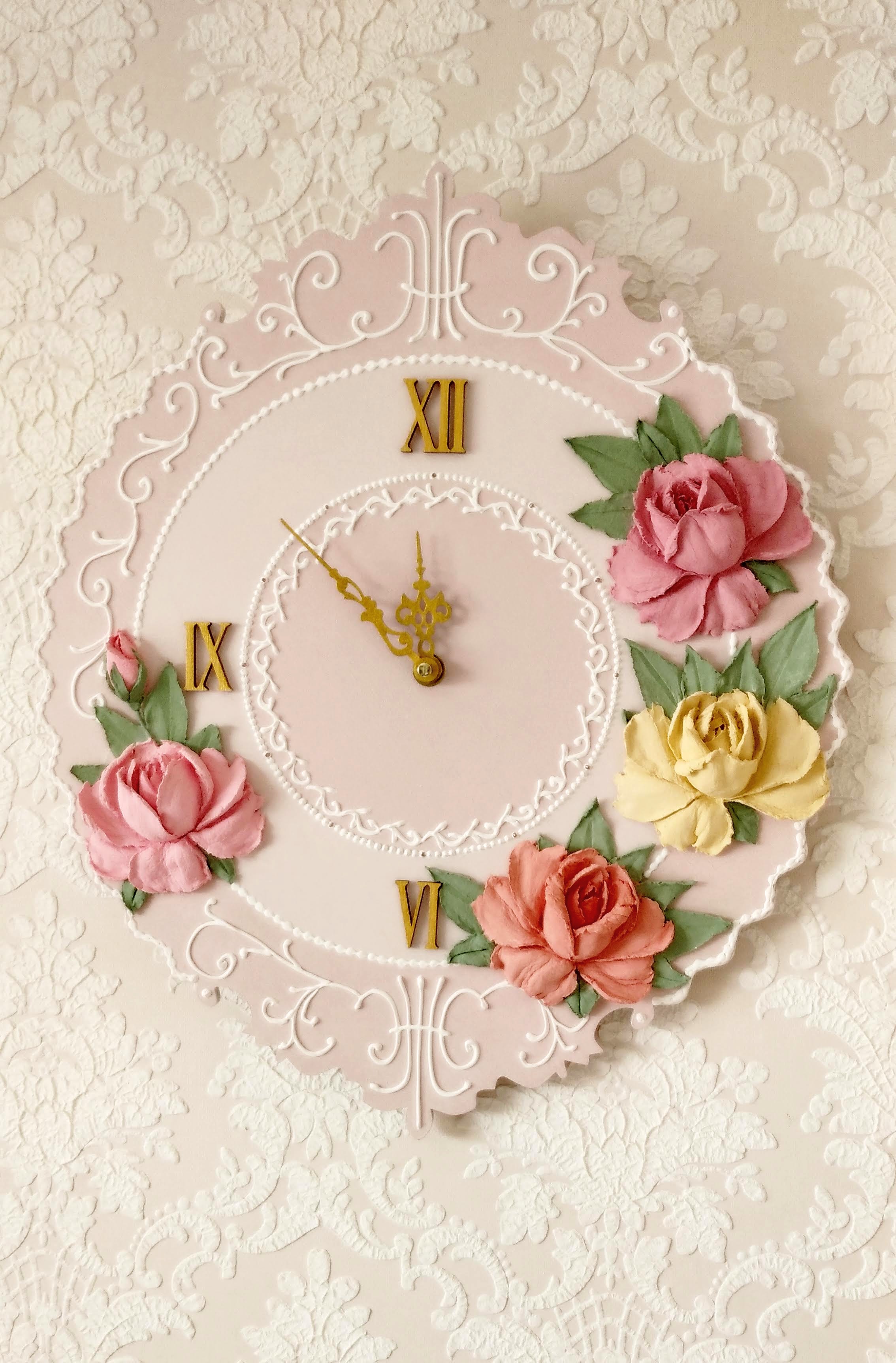 Pink wall clock with roses Shabby chic decor Large clock - Inspire Uplift