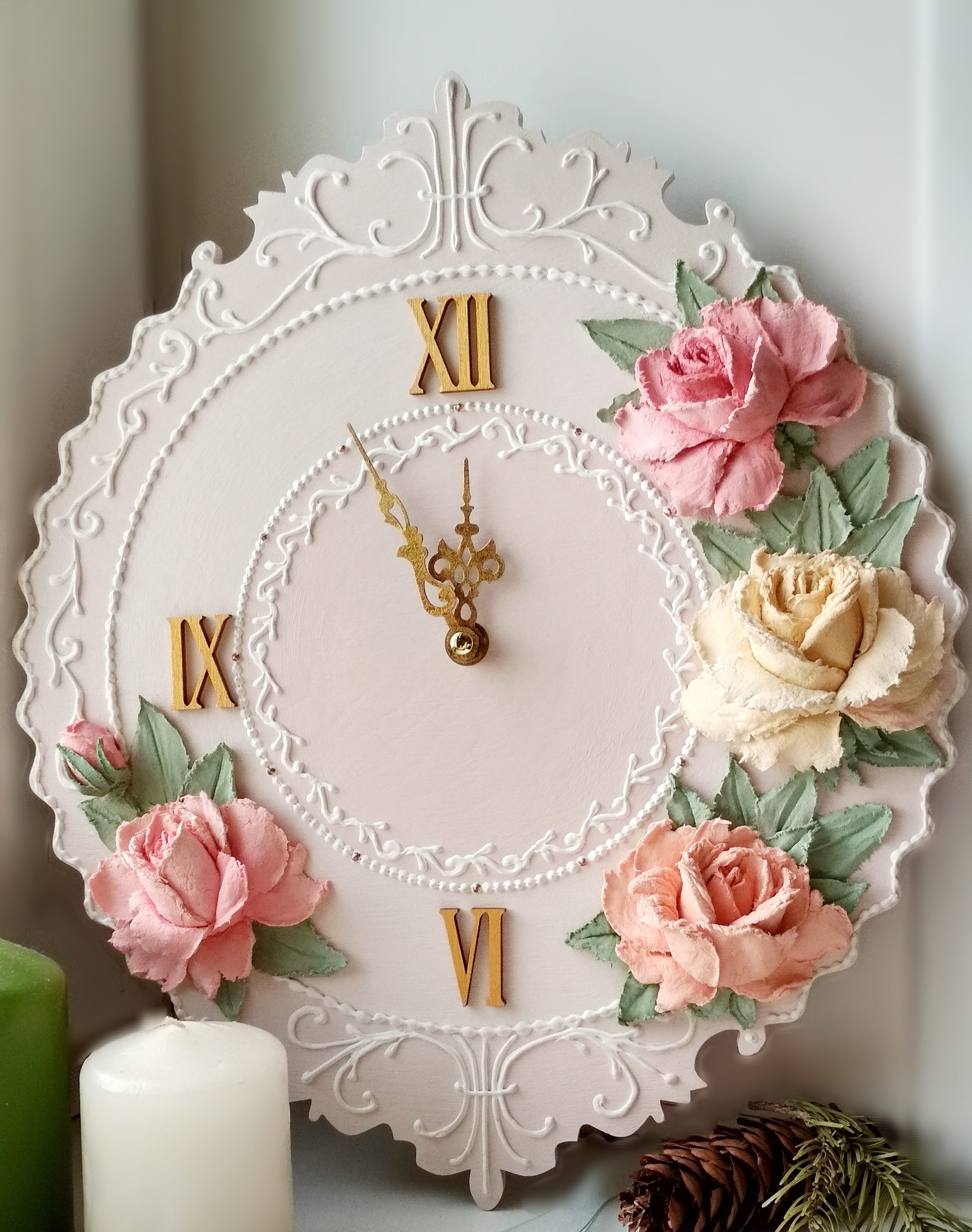 Pink wall clock with roses Shabby chic wall decor Large wall - Inspire ...