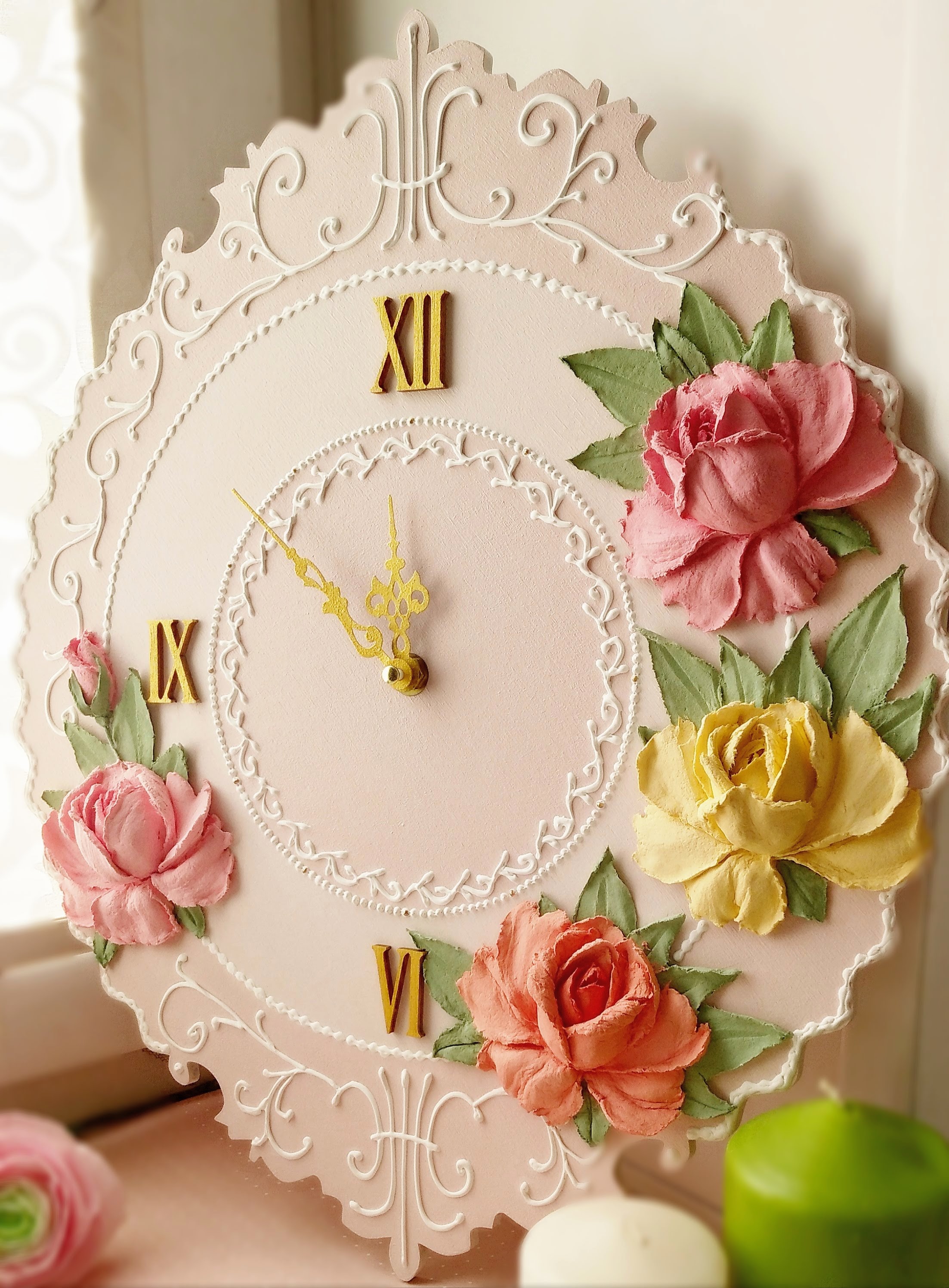 Pink wall clock with roses Shabby chic wall decor Large wall - Inspire ...