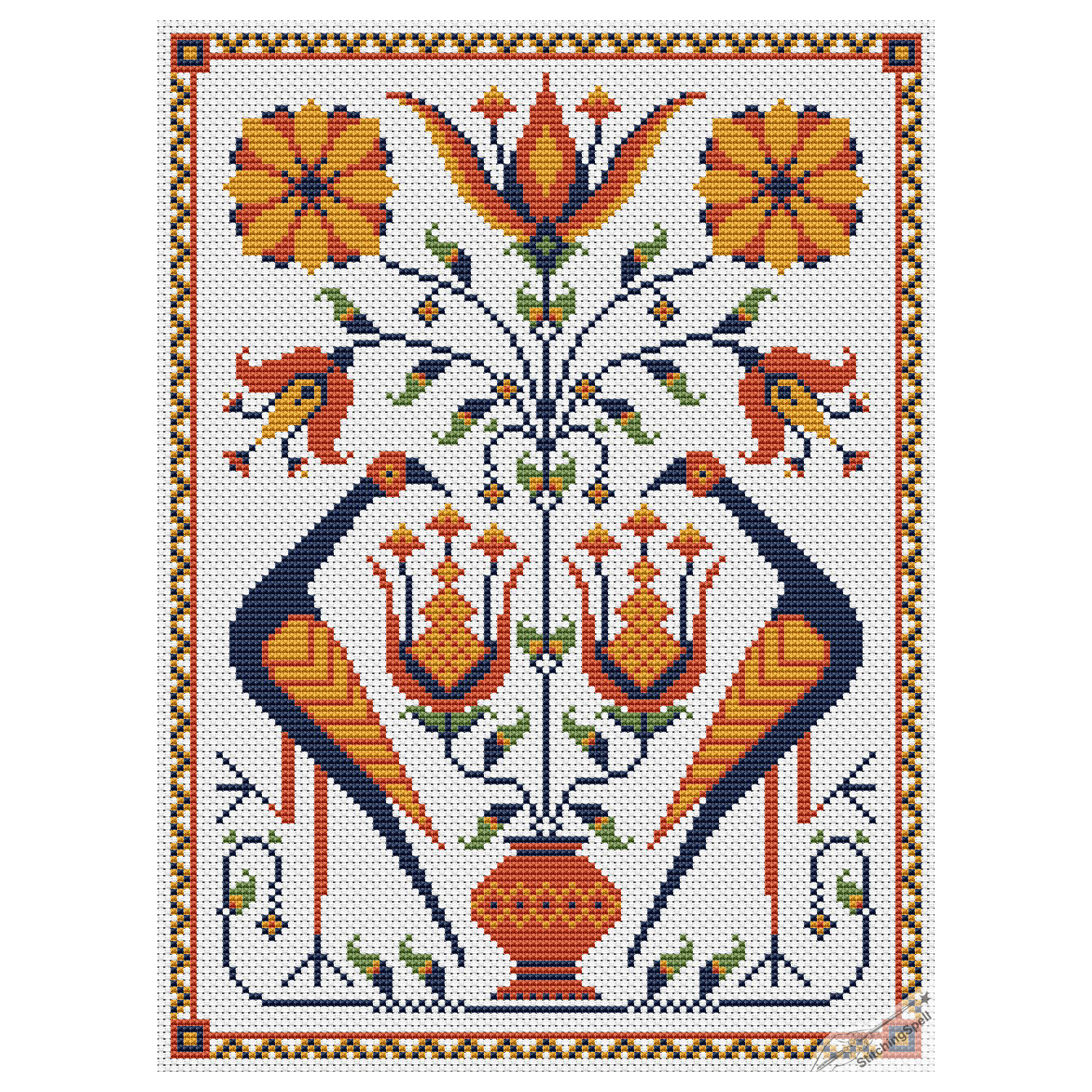 Fraktur Cross Stitch Pattern Fraktur Birds Sampler 9 - Inspire Uplift
