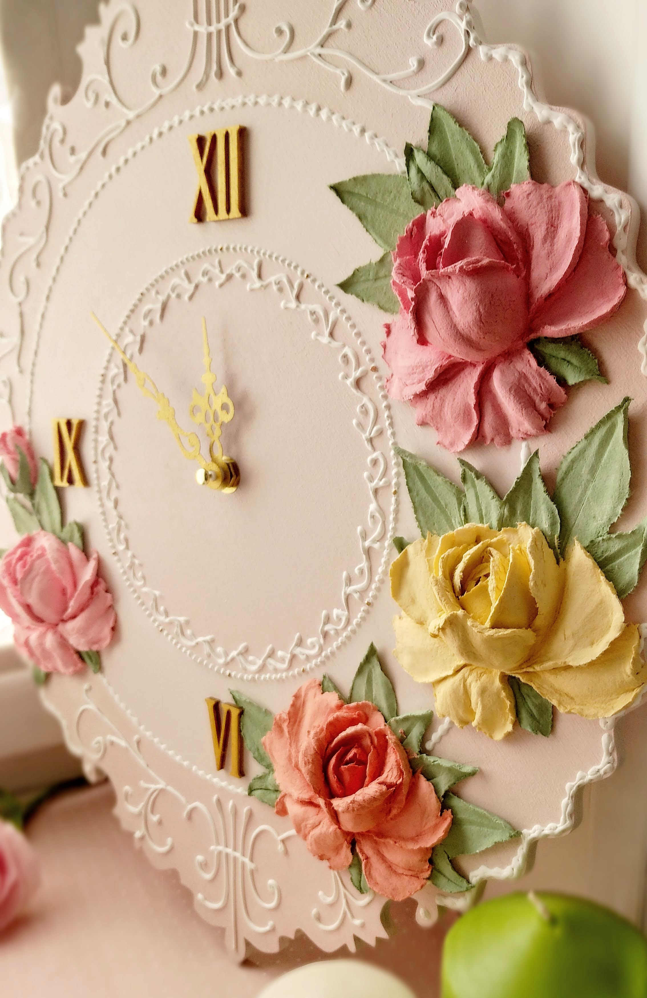 Pink wall clock with roses Shabby chic wall decor Large wall - Inspire ...