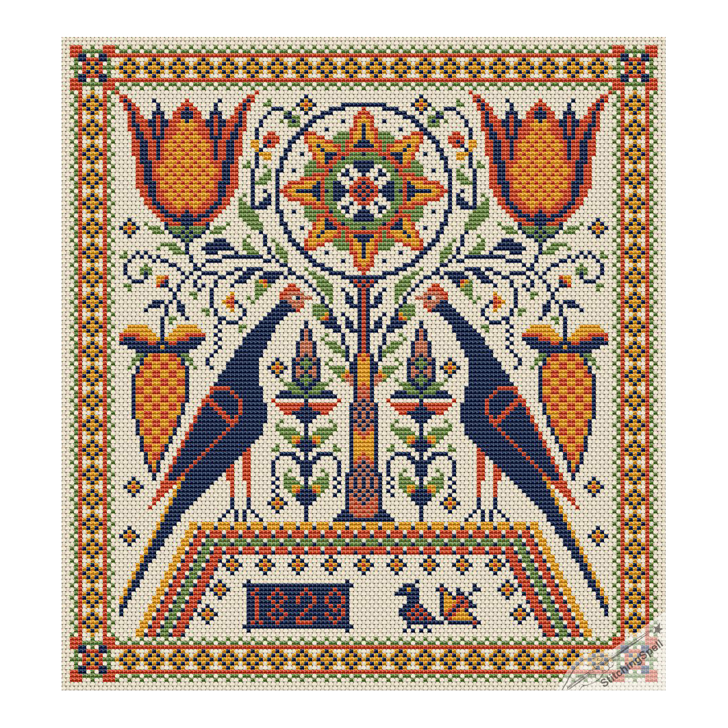 Fraktur Cross Stitch Pattern Fraktur Birds Sampler 2 - Inspire Uplift