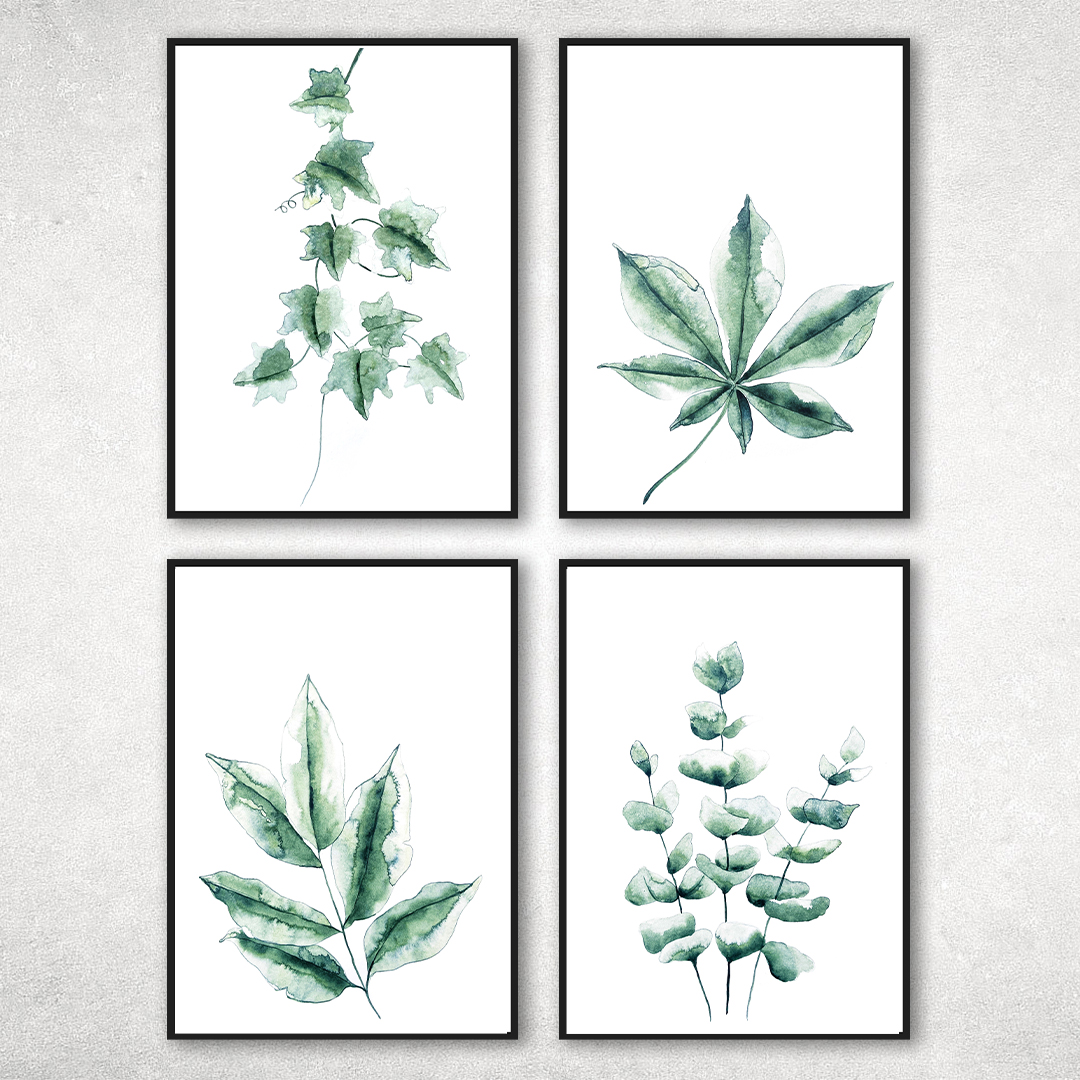 Green Leaves Print Set of 4, Watercolor Leaves Print, Printa - Inspire ...