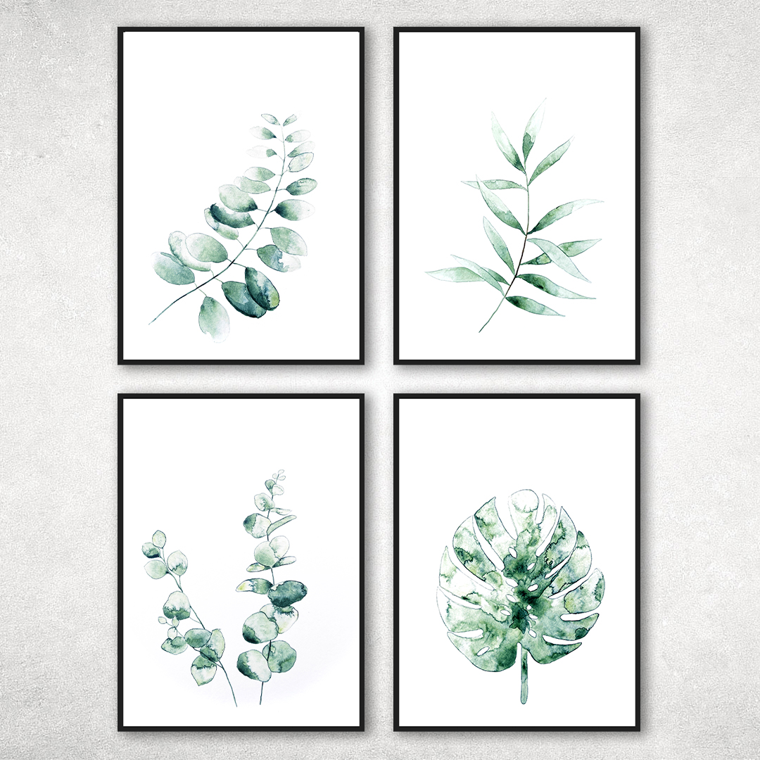 Watercolor green plants, Green Leaves Print Set of 4, Waterc - Inspire ...