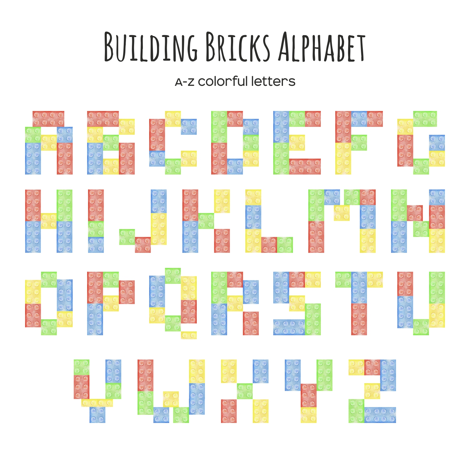 Watercolor Building Bricks Alphabet Clipart Letters A-Z - Inspire Uplift