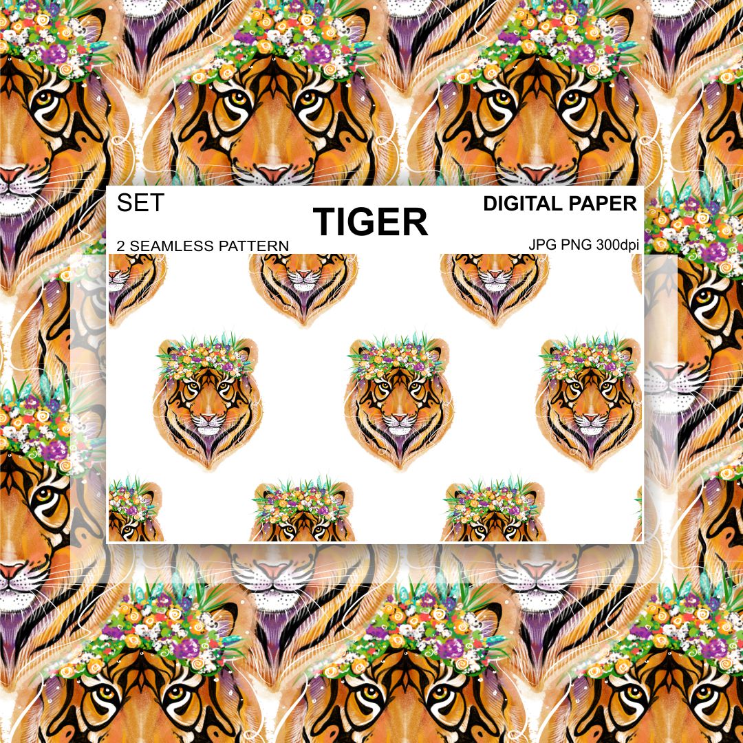 Set Tiger Seamless Pattern PNG Animal Digital Paper Fabric P | Inspire ...