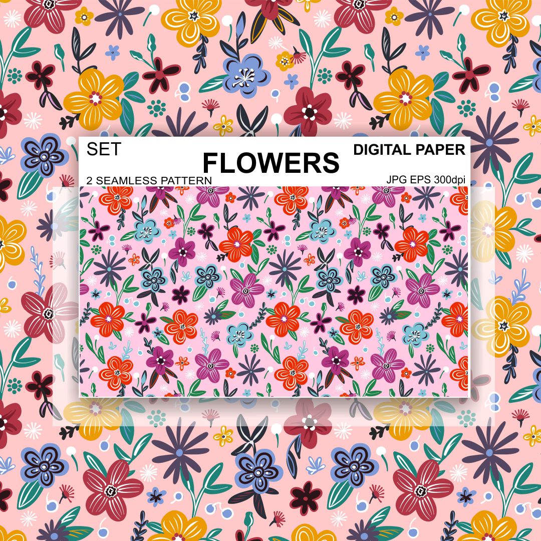 Set Flowers Seamless Pattern Vector Pink Digital Paper Fabri - Inspire ...