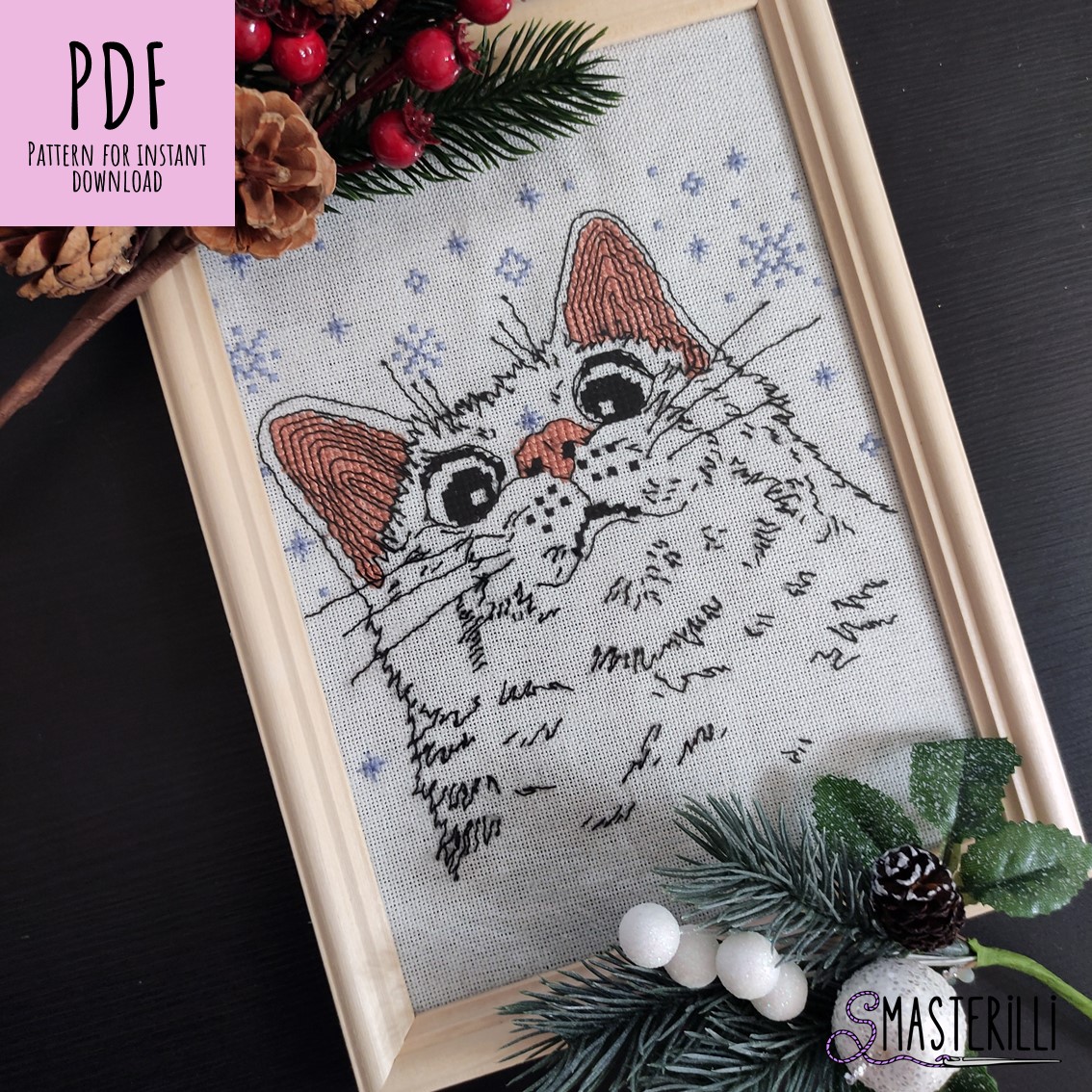 Cute white cat with snowflakes cross stitch pattern PDF , JP - Inspire ...
