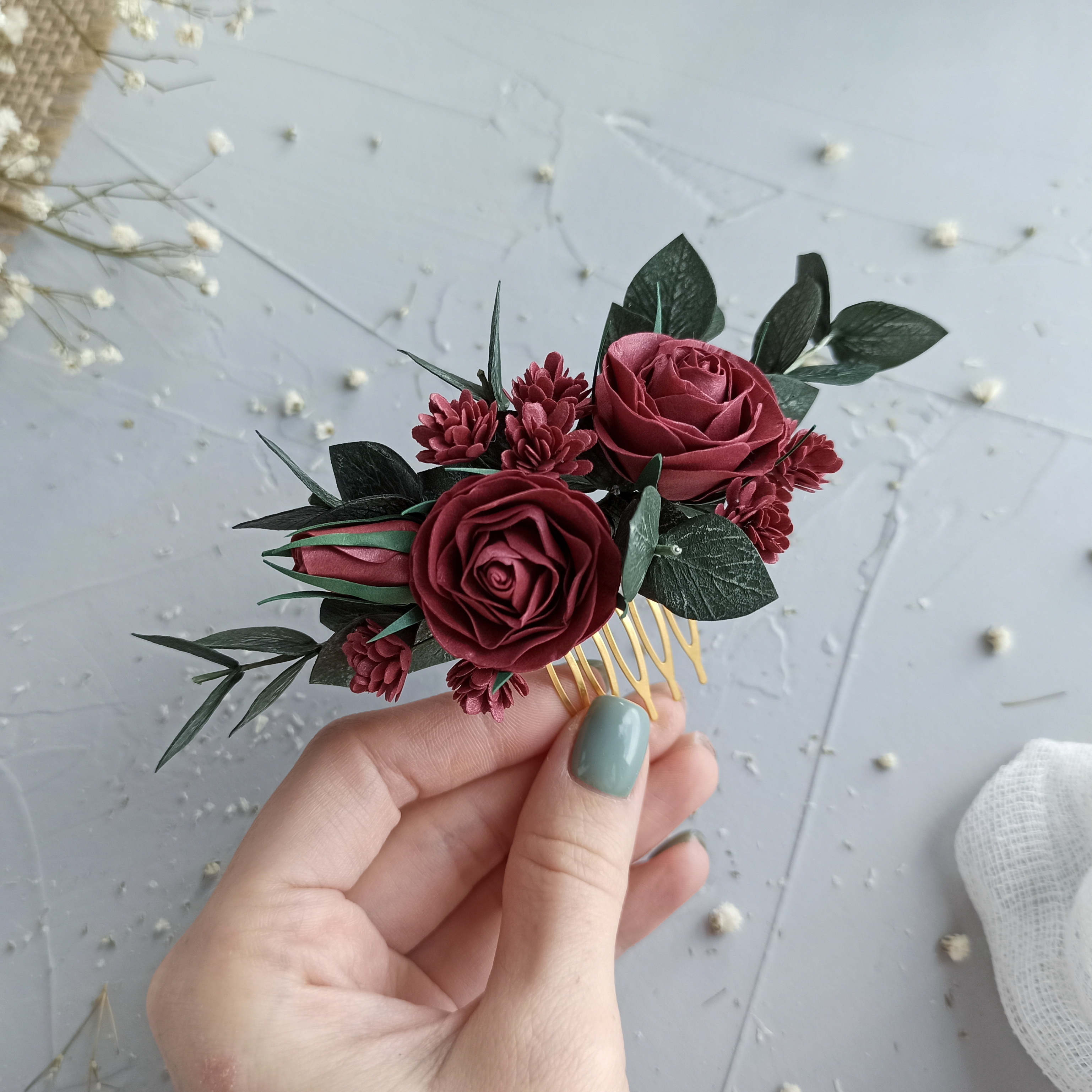 Floral burgundy hair comb Wedding fall hair piece Eucalyptus - Inspire ...