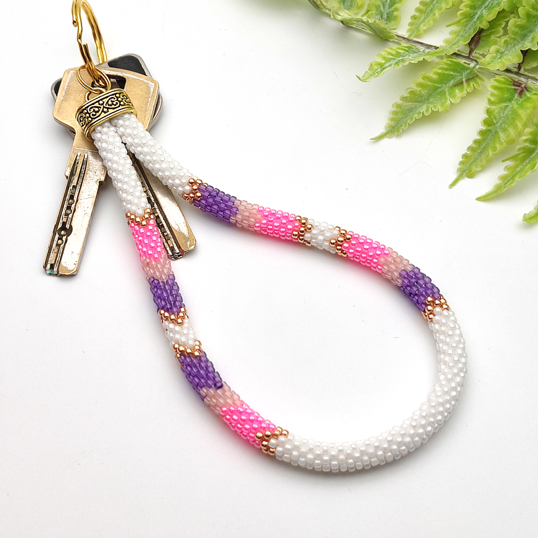 Beaded wristlet keychain Fashion key fob White pink purple w - Inspire ...