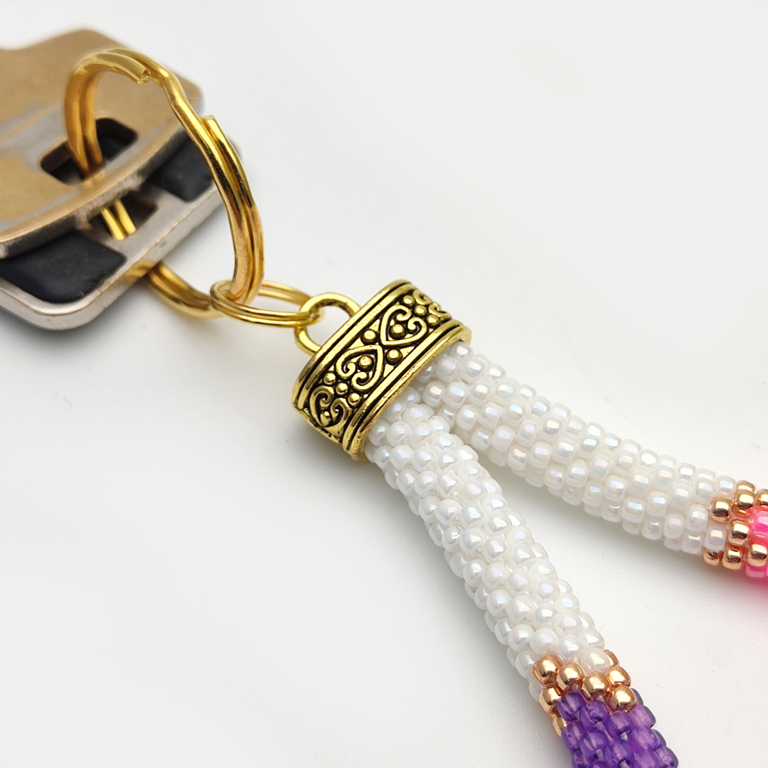 Beaded wristlet keychain Fashion key fob White pink purple w - Inspire ...