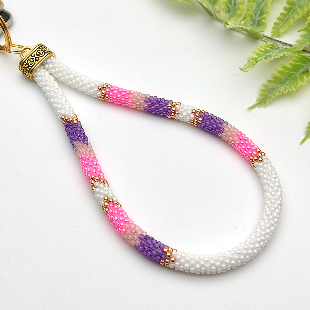 Beaded wristlet keychain Fashion key fob White pink purple w - Inspire ...