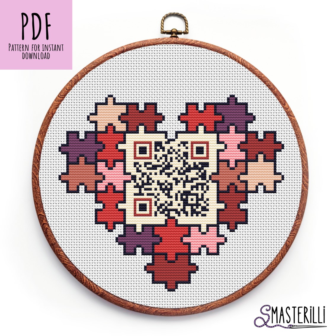 QR code puzzle heart cross stitch pattern PDF JPG love embro | Inspire ...